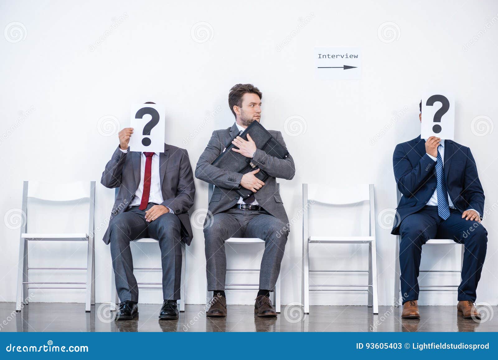 Businesspeople Sitting in Queue and Waiting for Interview, Holding ...