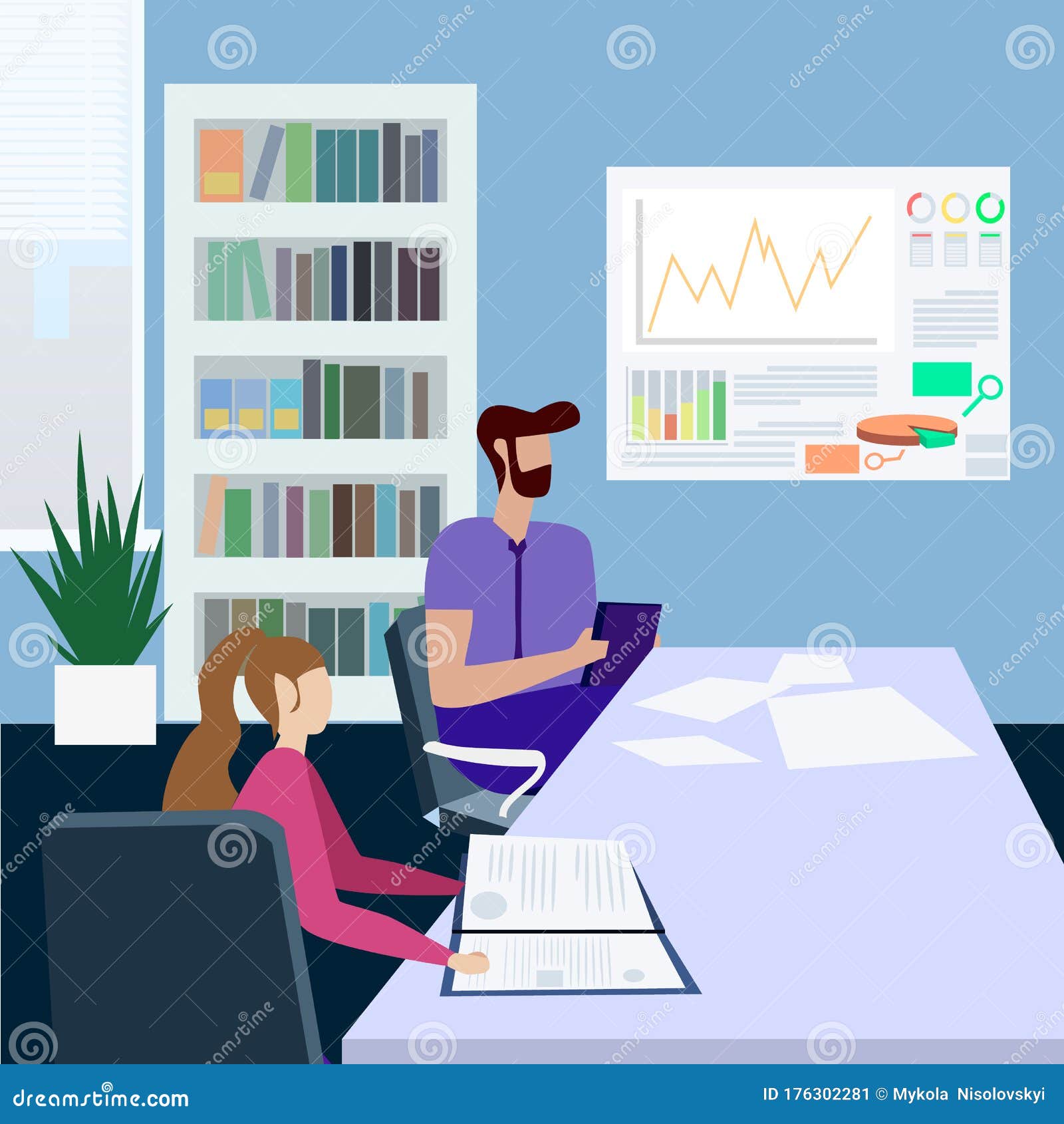 People Studding Working in Office Cartoon Banner Stock Vector ...