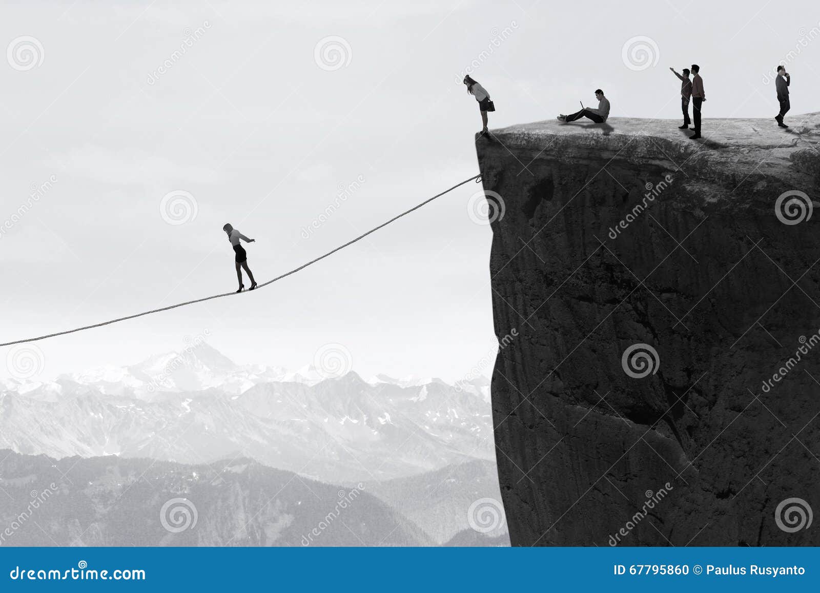 Businesspeople Walking on the Rope Over the Cliff Stock Photo - Image ...