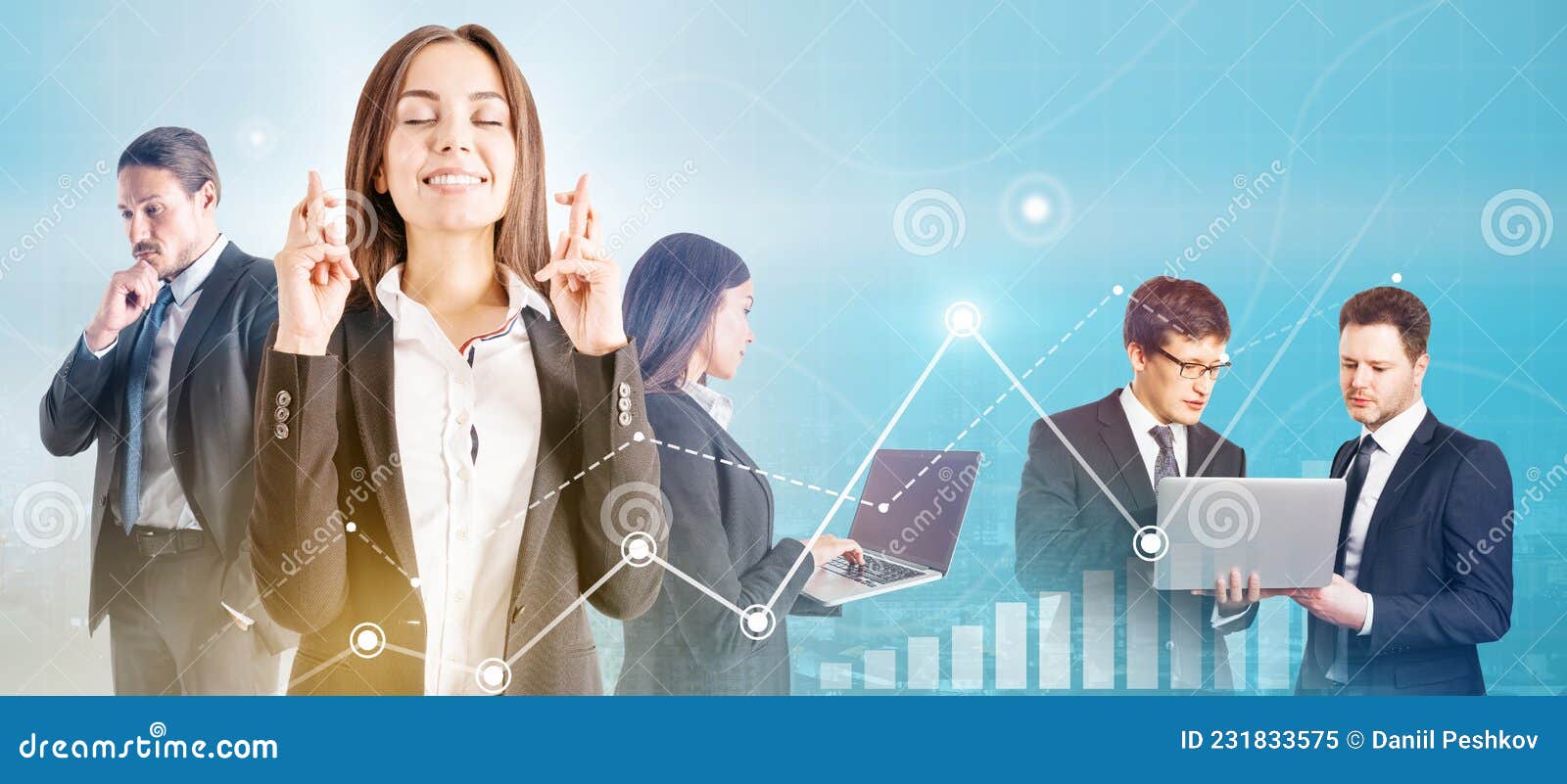 Businesspeople Working Together on Blurry Blue Panoramic Background ...