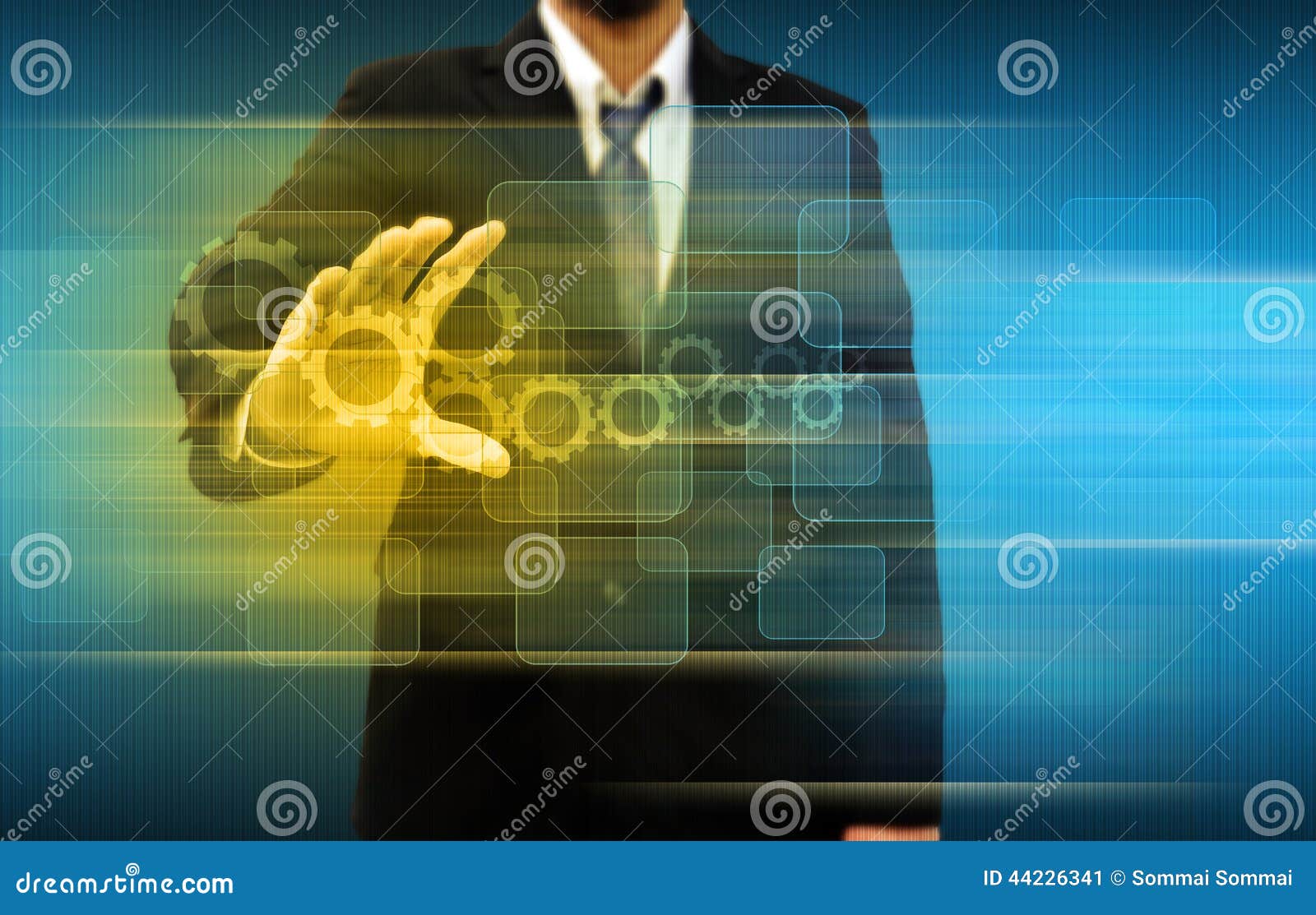 Businessperson Holding Gears and Button Touch Screen Stock Illustration ...