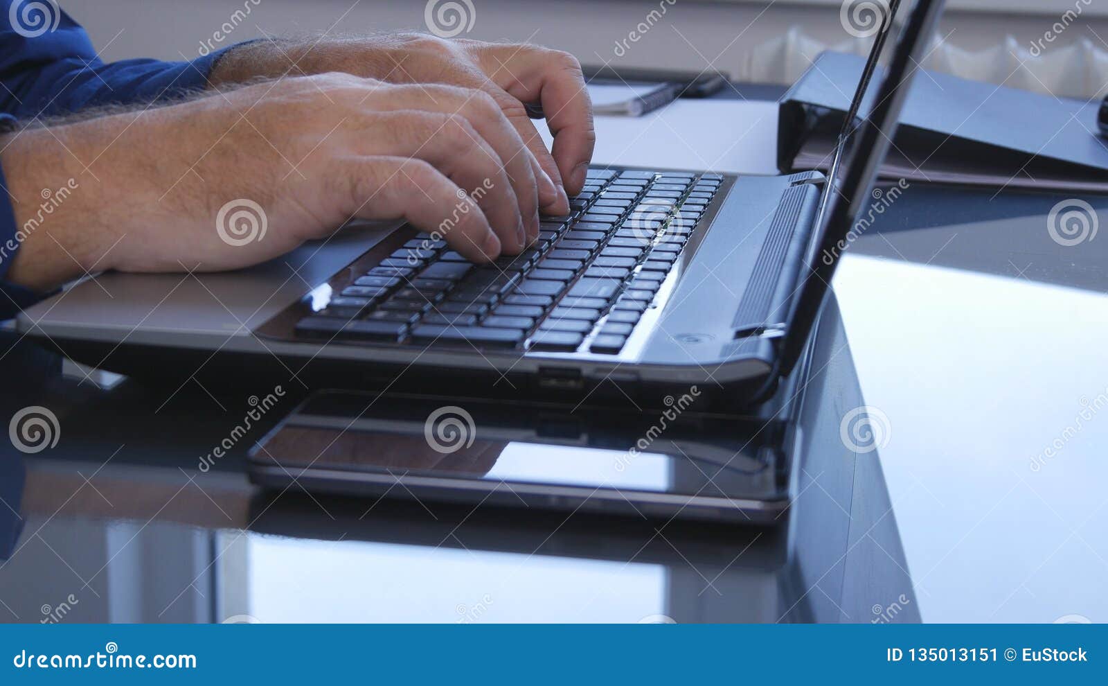 Businessperson with a Laptop in Interior Office Enter Data Using Keypad ...