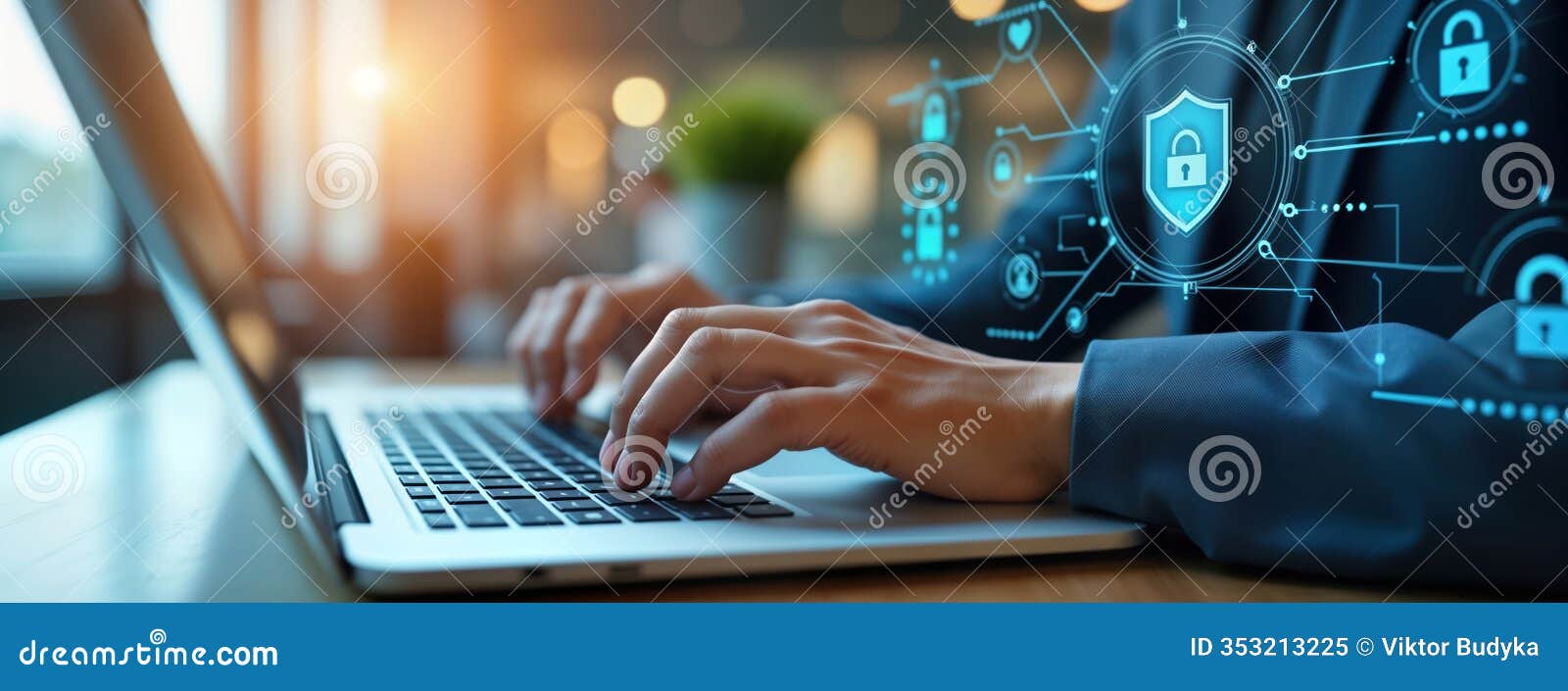Businessperson Types on Laptop Focused on Cyber Security. Modern Tech ...