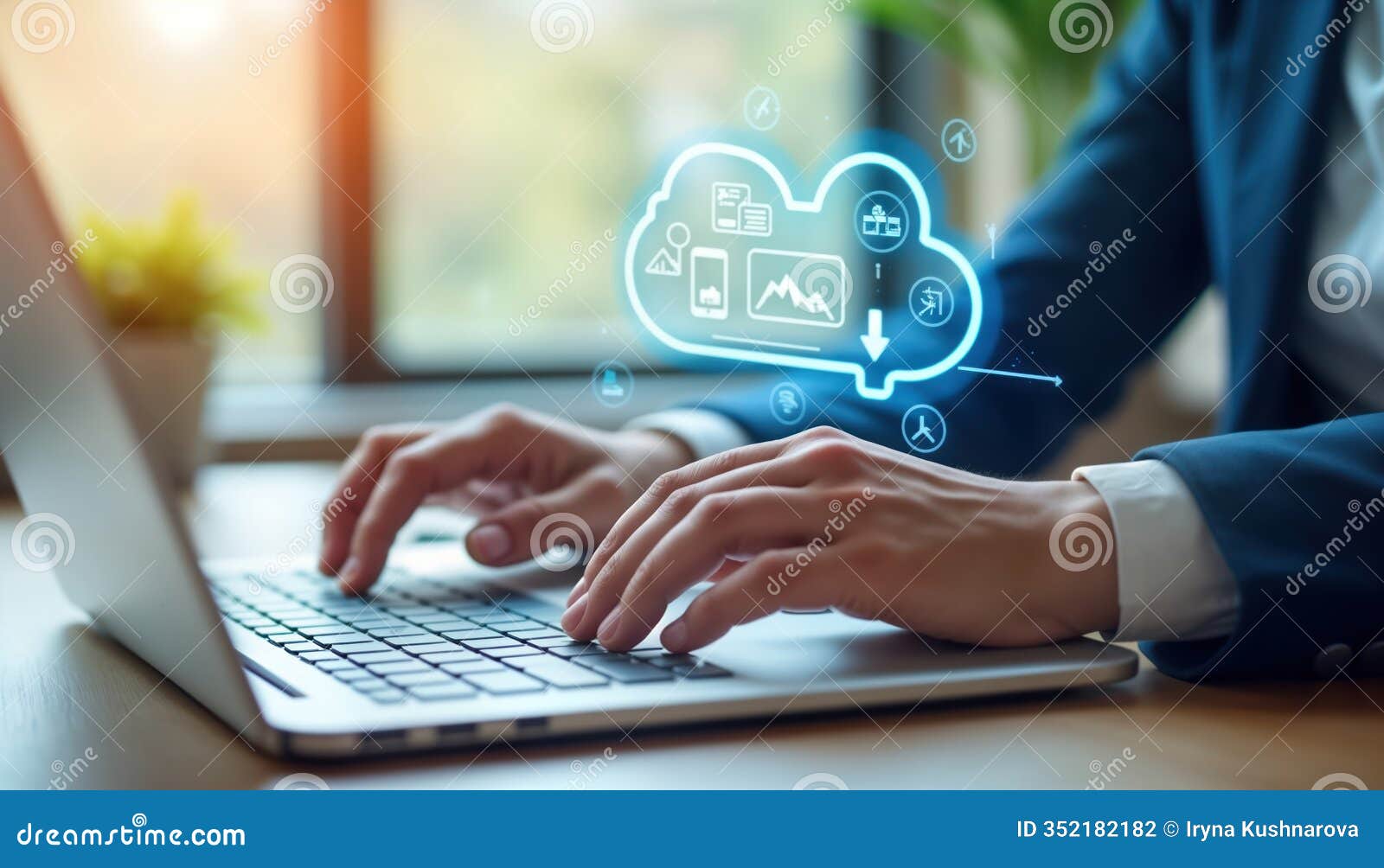 Businessperson Working on Laptop with Cloud Computing Graphic Overlay ...