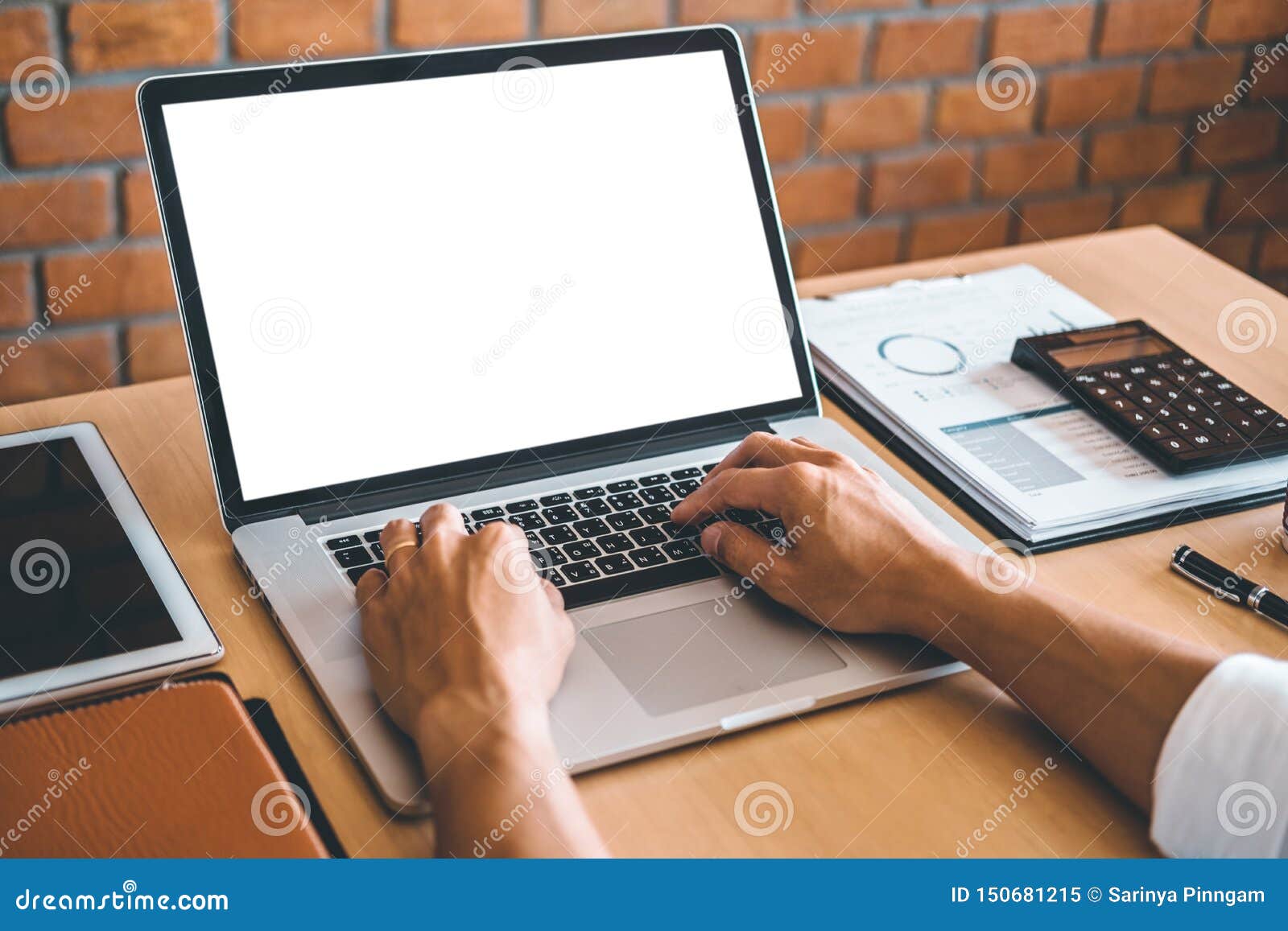 Businesss Man Using Laptop with Blank Screen in the Office Stock Image ...