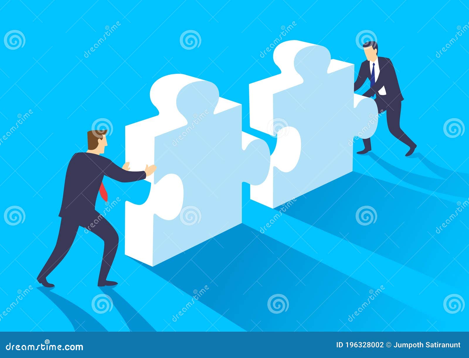 Two Businessmen Pushing Two Jigsaw Pieces, Working Together Partnership ...