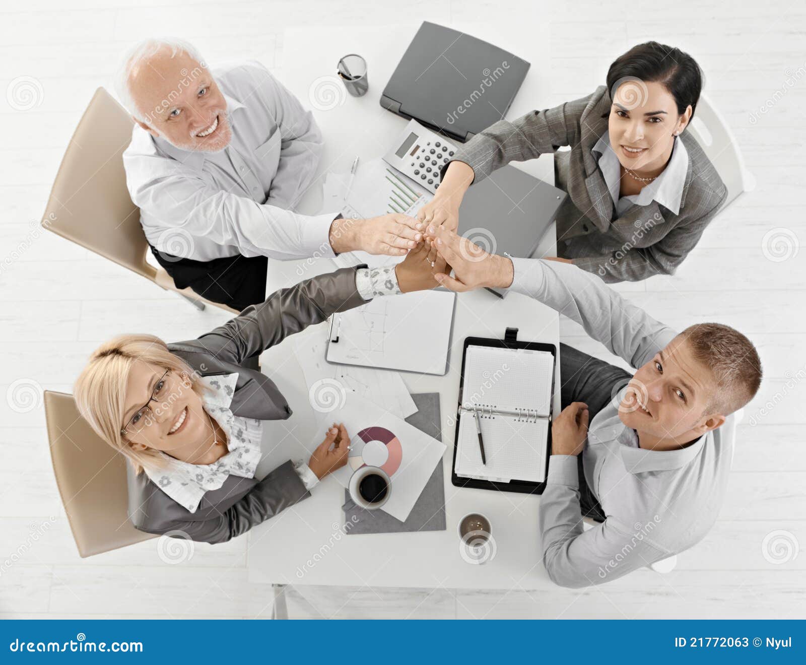 Businessteam Raising Hands Together at Meeting Stock Image - Image of ...