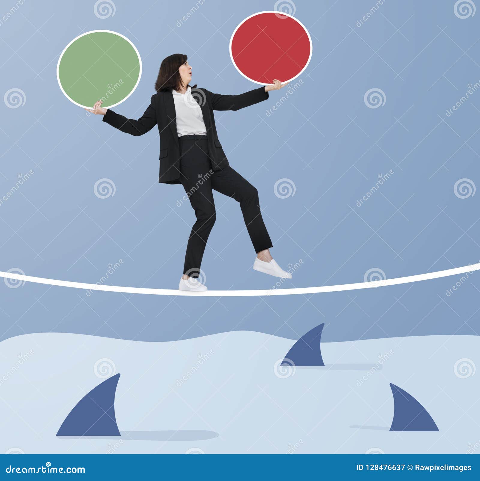 Businesswoman Balancing On Piles Of Warning Messages And Warning ...