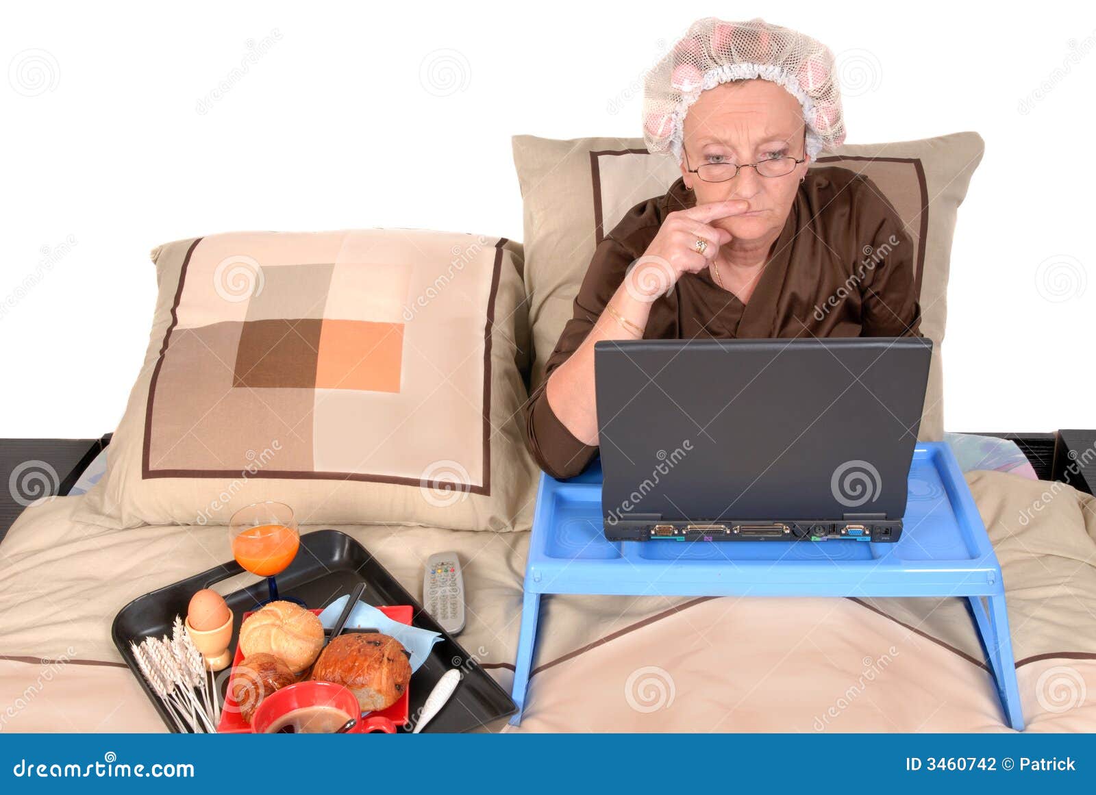 Businesswoman in Bed, Working Stock Photo - Image of food, connection ...