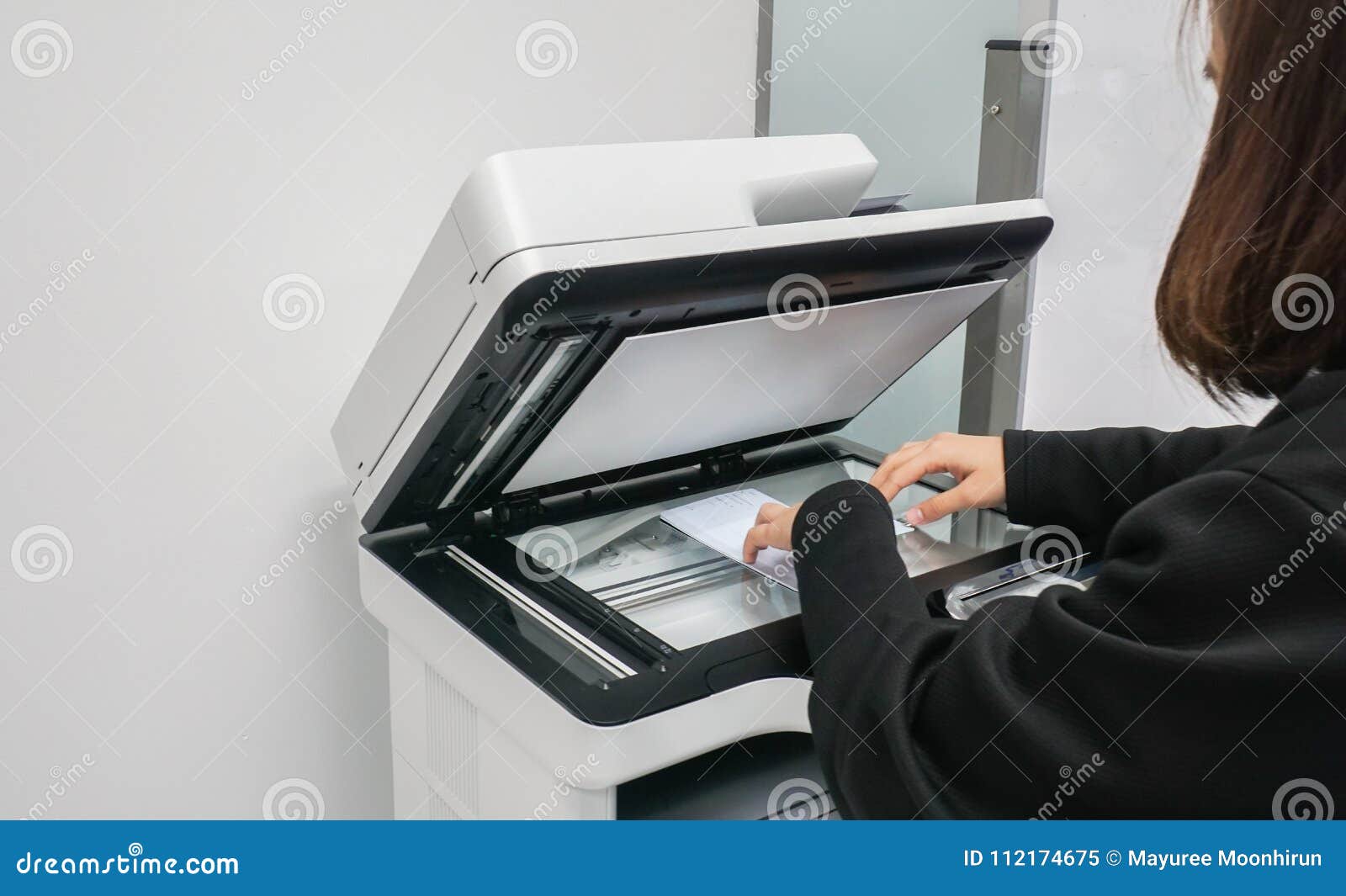 Businesswoman in Black Jacket Put Documents on Printer for Scanning and ...