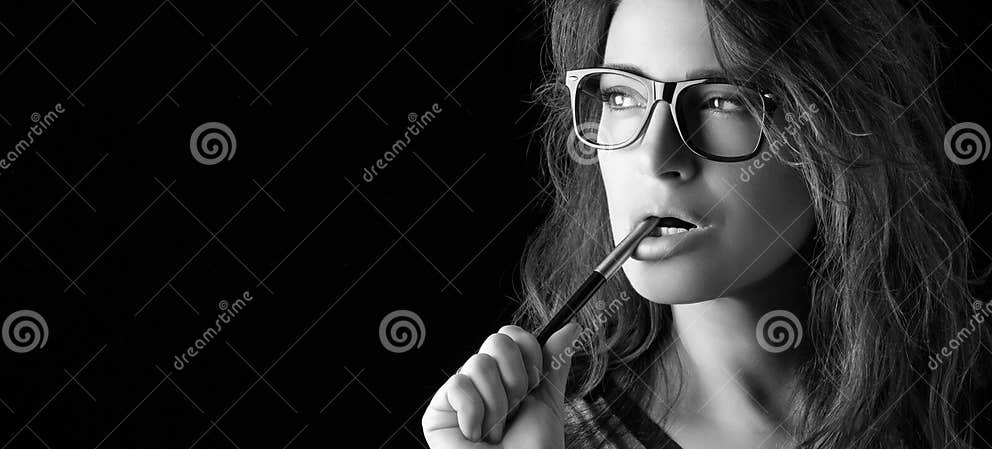 Businesswoman In Black And White Eyeglasses On A Black Background Stock Image Image Of