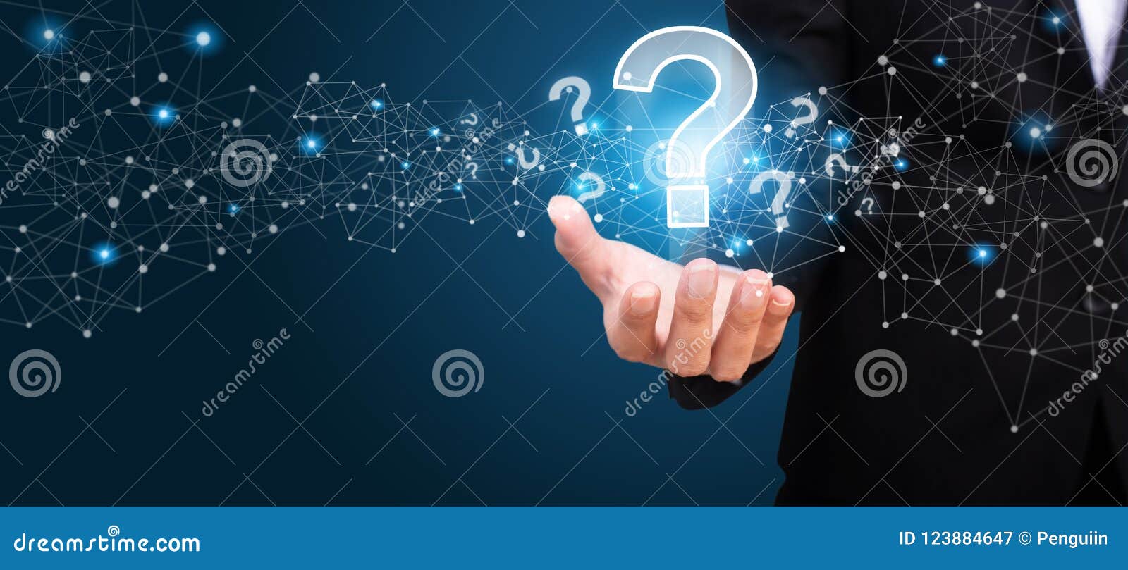 Businesswoman on Blurred Background Holding Hand Question Marks Stock ...