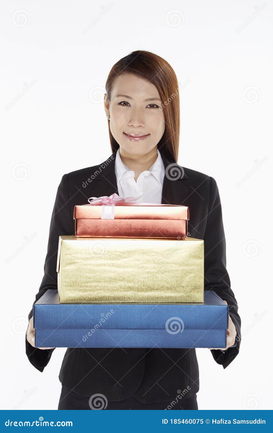Businesswoman Carrying a Stack of Gift Boxes Stock Image - Image of ...