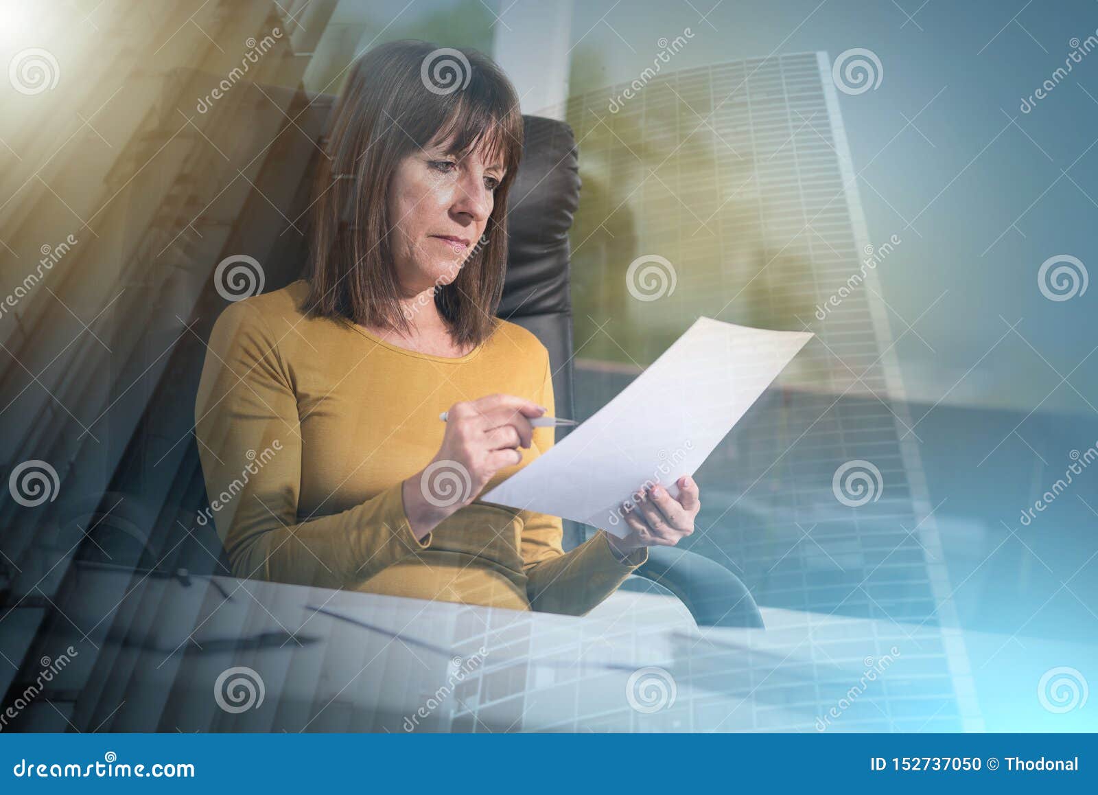 Businesswoman Checking Document, Light Effect; Multiple Exposure Stock ...