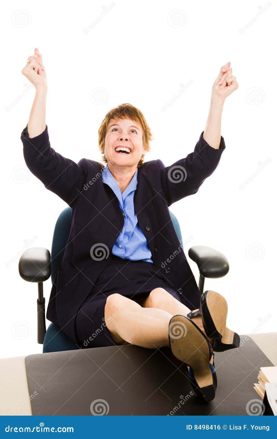 Businesswoman at Desk - Elated Stock Photo - Image of businesswoman ...