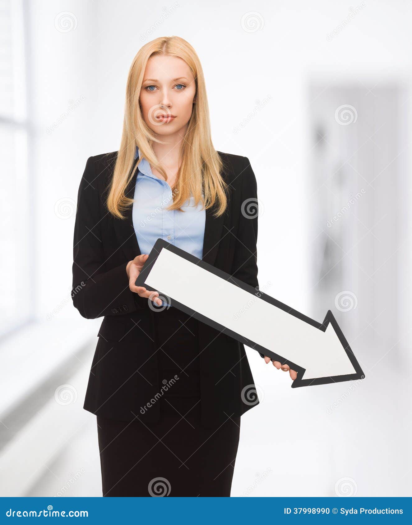 Businesswoman with Direction Arrow Sign Stock Photo - Image of ...
