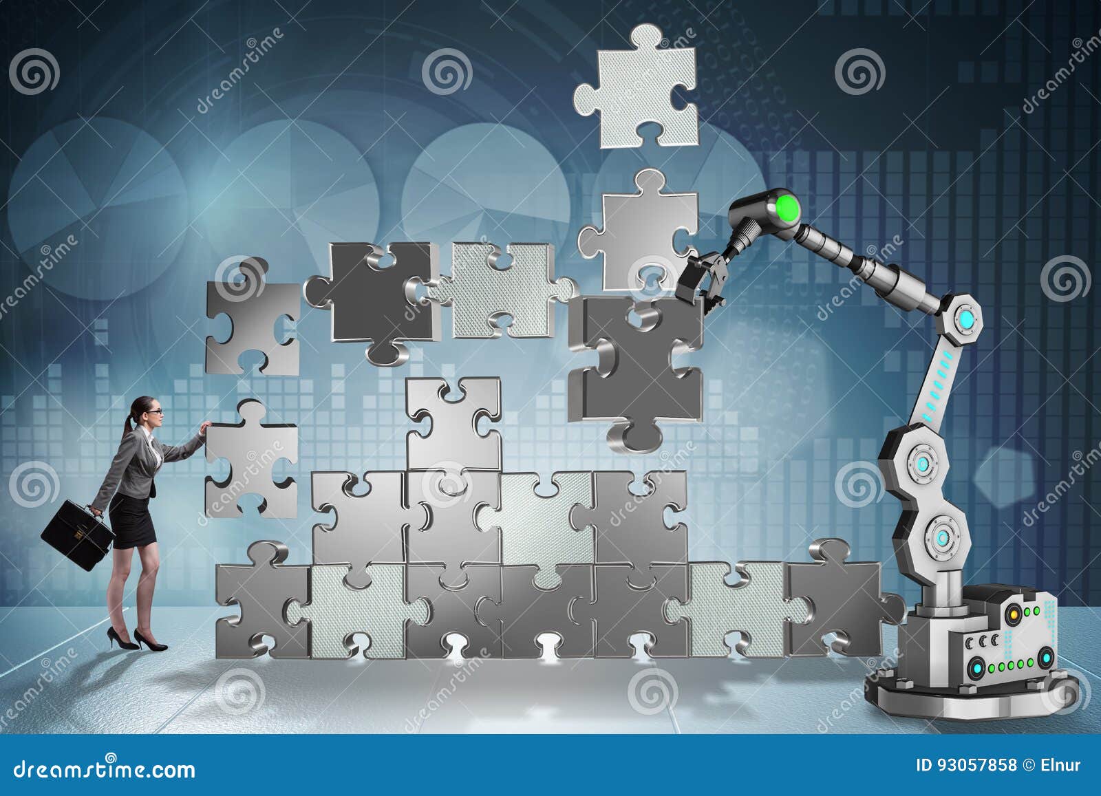 The Businesswoman Doing Jigsaw Puzzle with Robotic Arm Stock ...