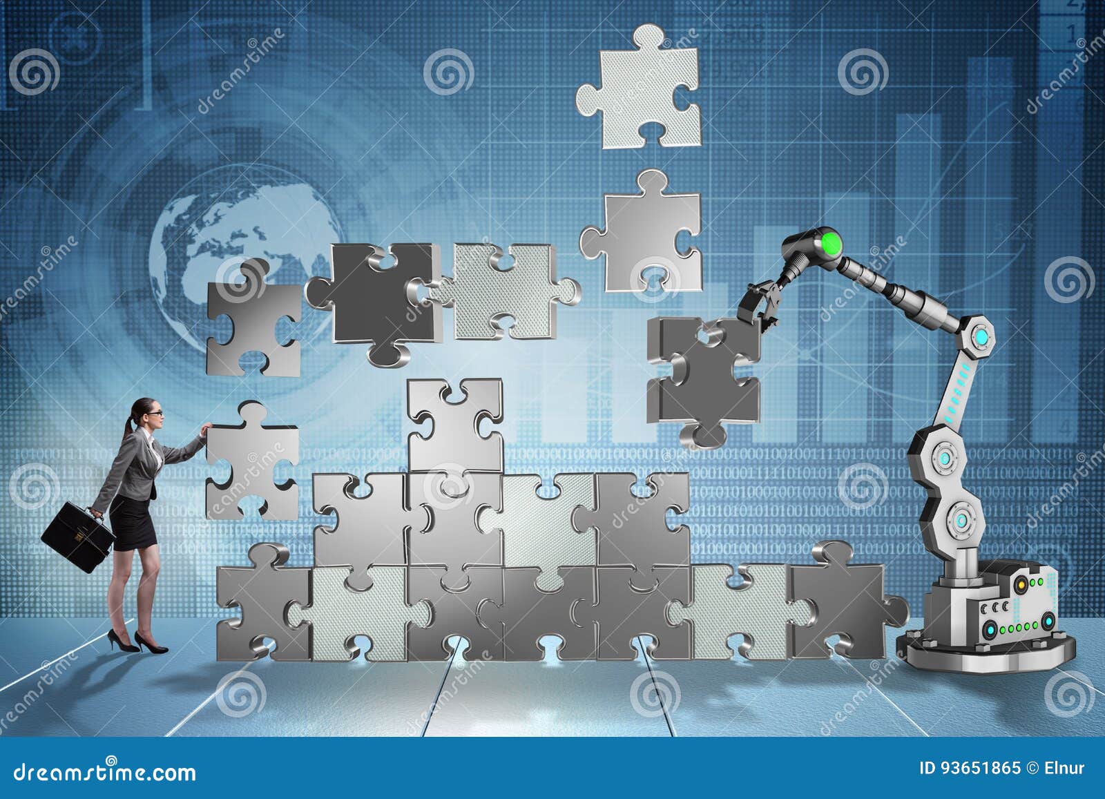 The Businesswoman Doing Jigsaw Puzzle with Robotic Arm Stock ...