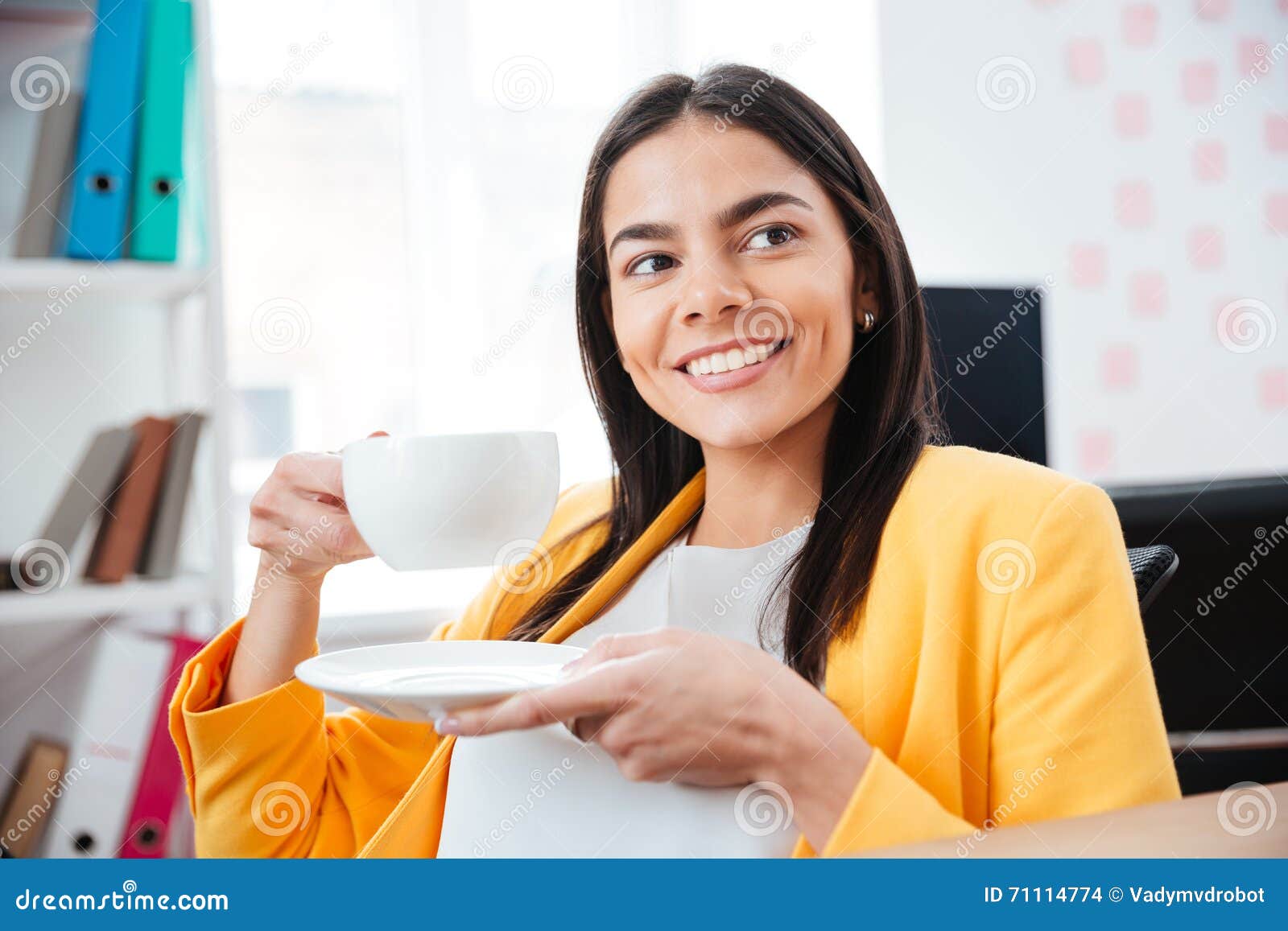 Businesswoman Drinking Tea in Office Stock Photo - Image of dressed ...