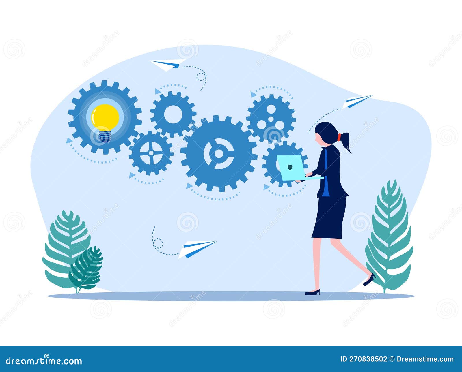 Businesswoman Driving Mechanical Gear with Laptop. Implementation of ...