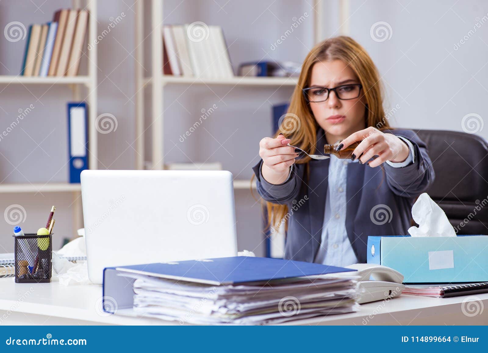 The Businesswoman Employee Sick in the Office Stock Photo - Image of ...