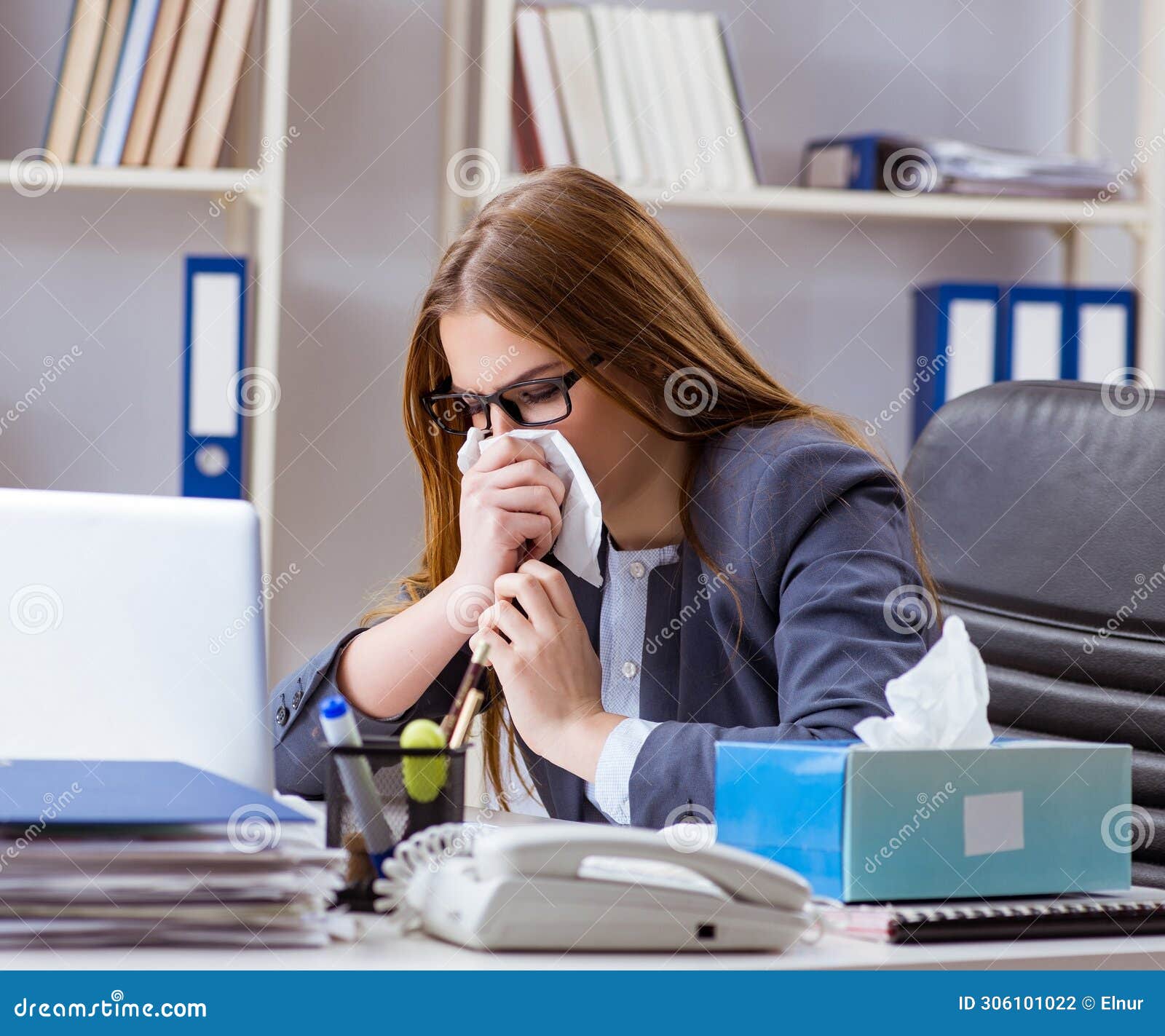 Businesswoman Employee Sick in the Office Stock Photo - Image of runny ...