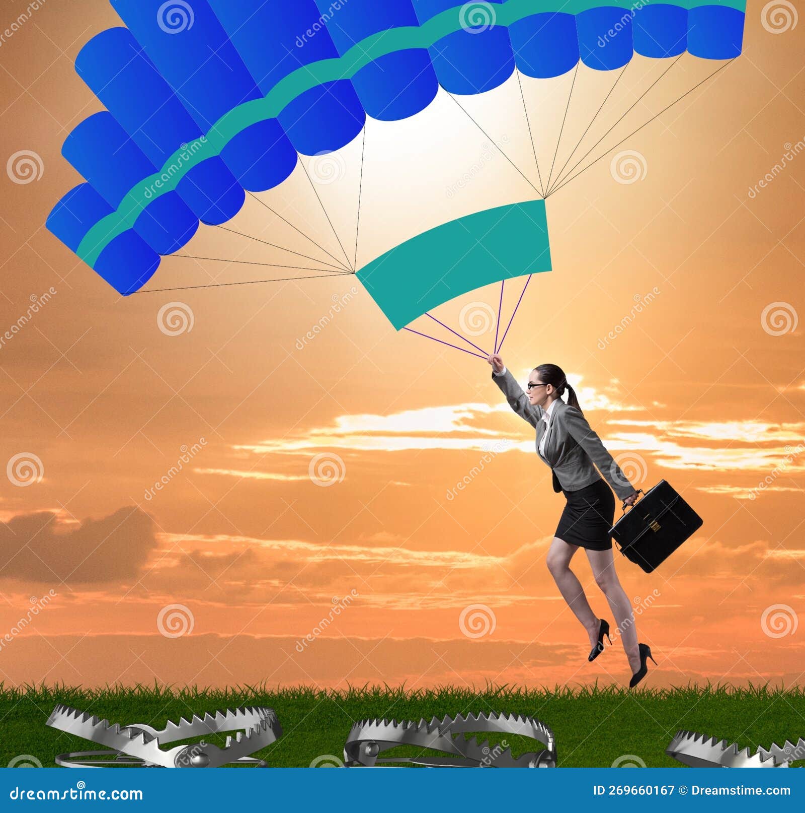 Businesswoman Falling into Trap on Parachute Stock Image - Image of ...