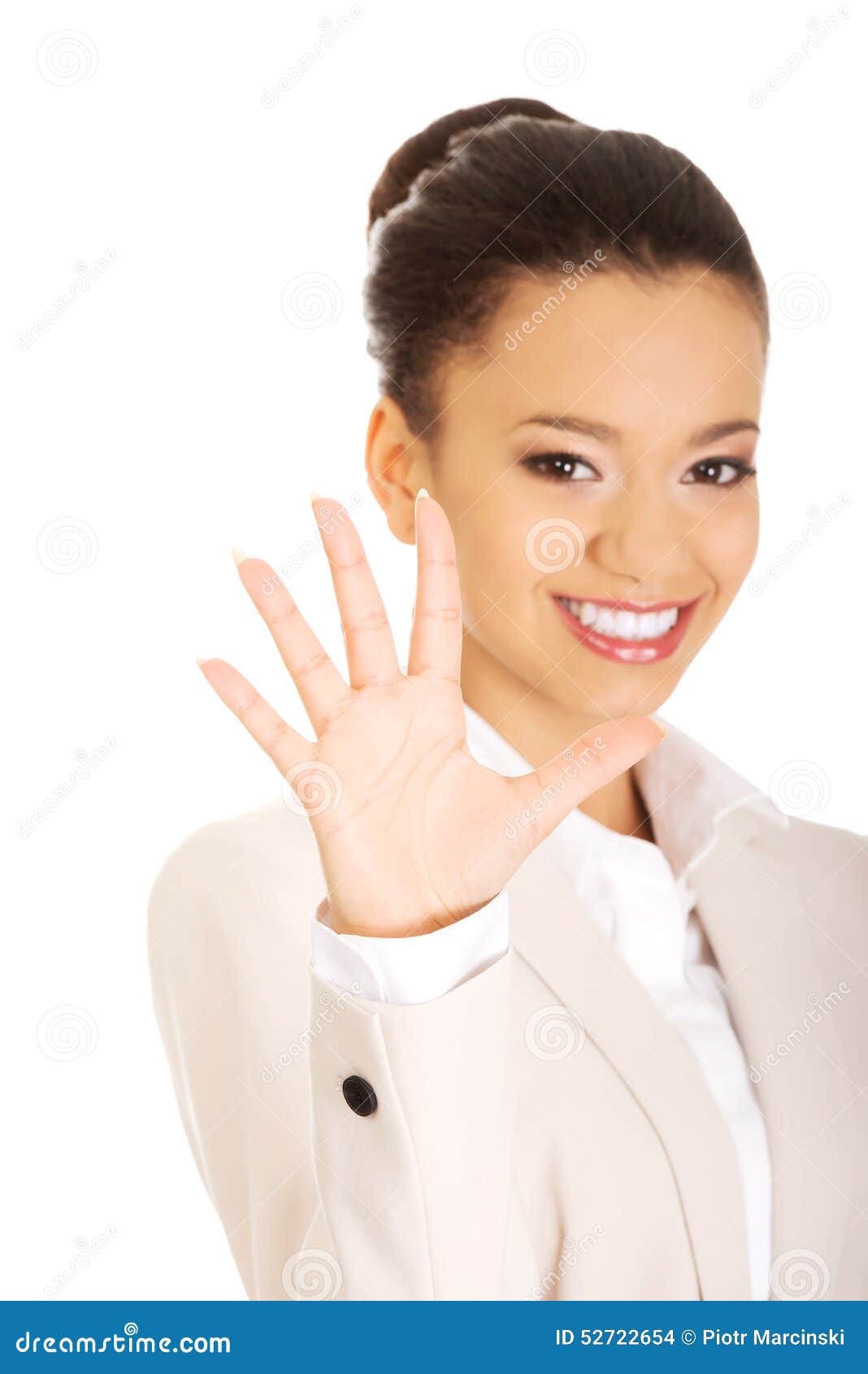 Businesswoman Gesturing Five in Hand. Stock Photo - Image of american ...