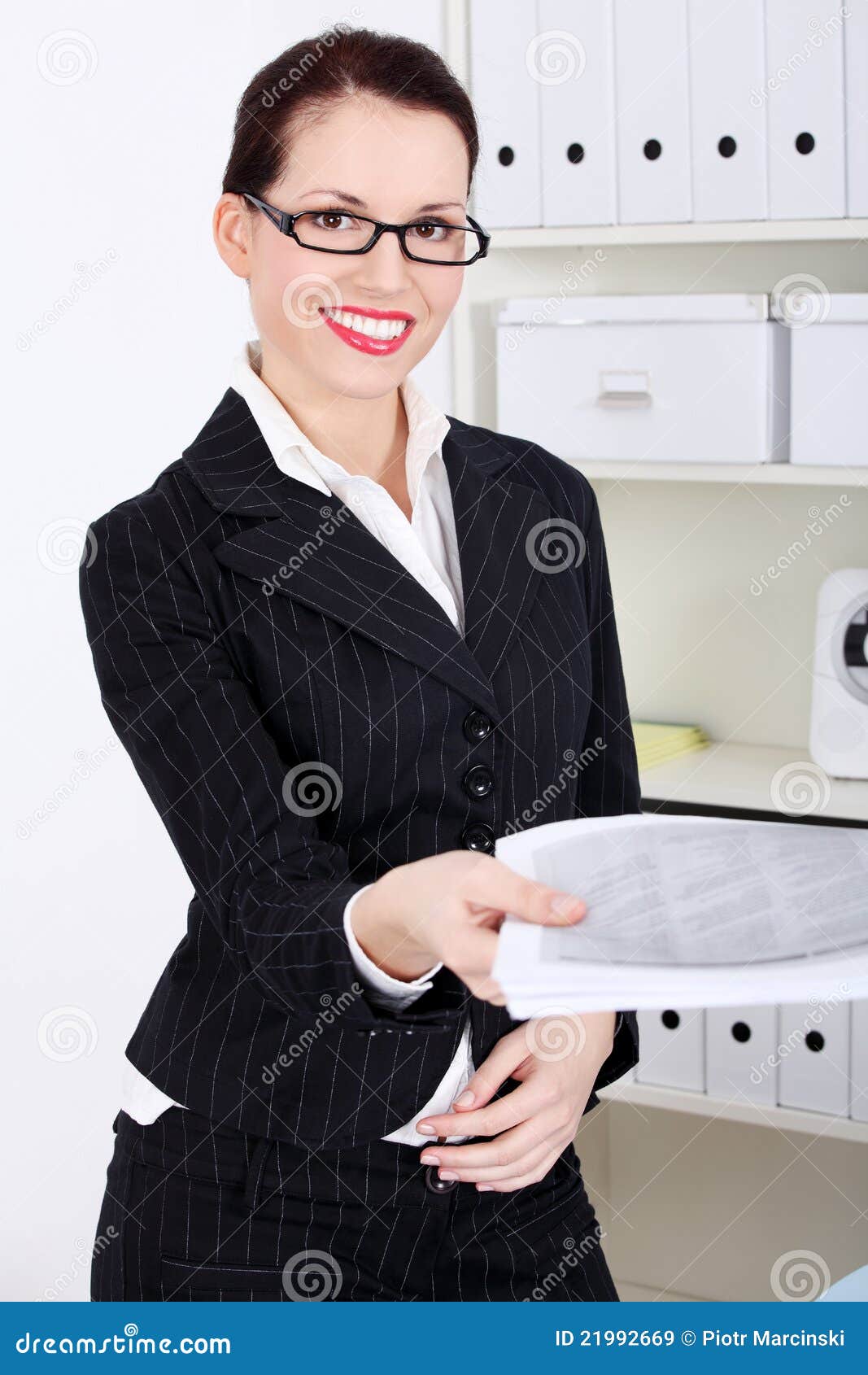 Businesswoman Giving Files. Stock Image - Image of happy, office: 21992669