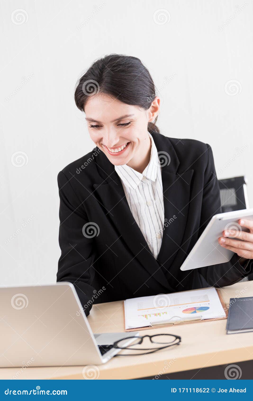 A Businesswoman Has Working with Concentrate and Happiness Stock Photo ...