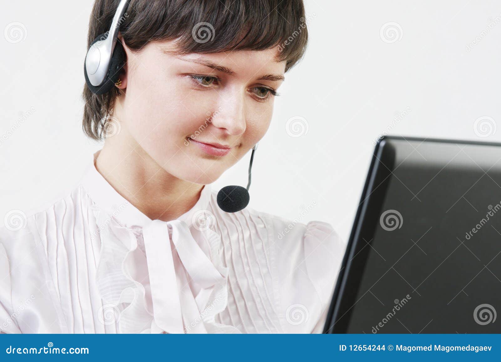 Businesswoman with Headset at Computer Stock Photo - Image of center ...