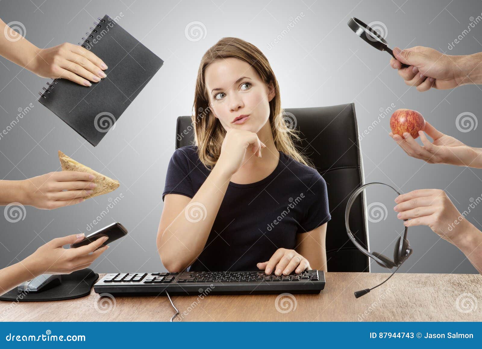 Business Woman Sitting at Desk Stock Image - Image of mobile, thought ...