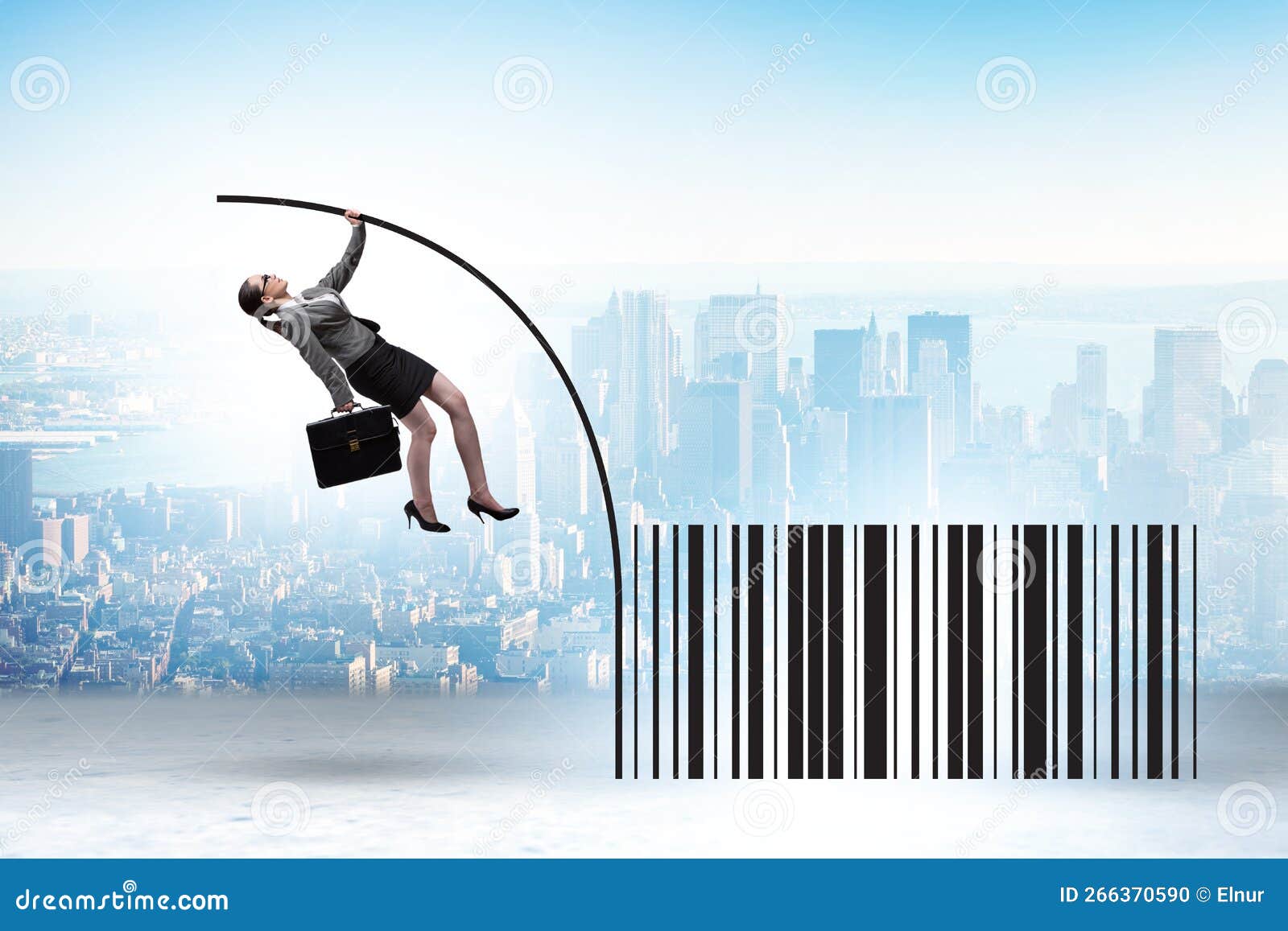 Businesswoman Jumping Over Bar Code in Pole Vaulting Stock Photo ...
