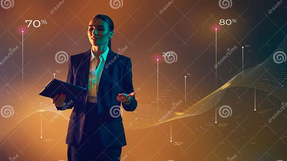 Businesswoman Leads Technical Discussion with Glowing, Interactive ...