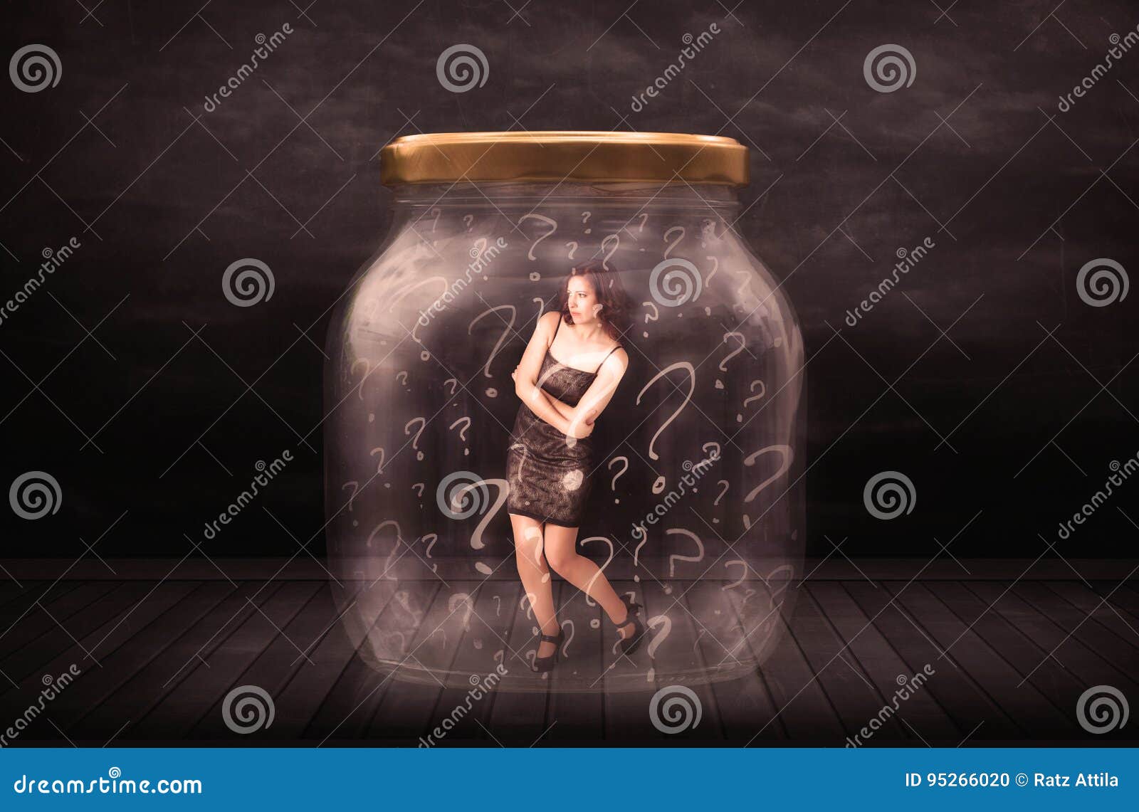 Businesswoman Locked into a Jar with Question Marks Concept Stock Photo - Image of mark, glass ...