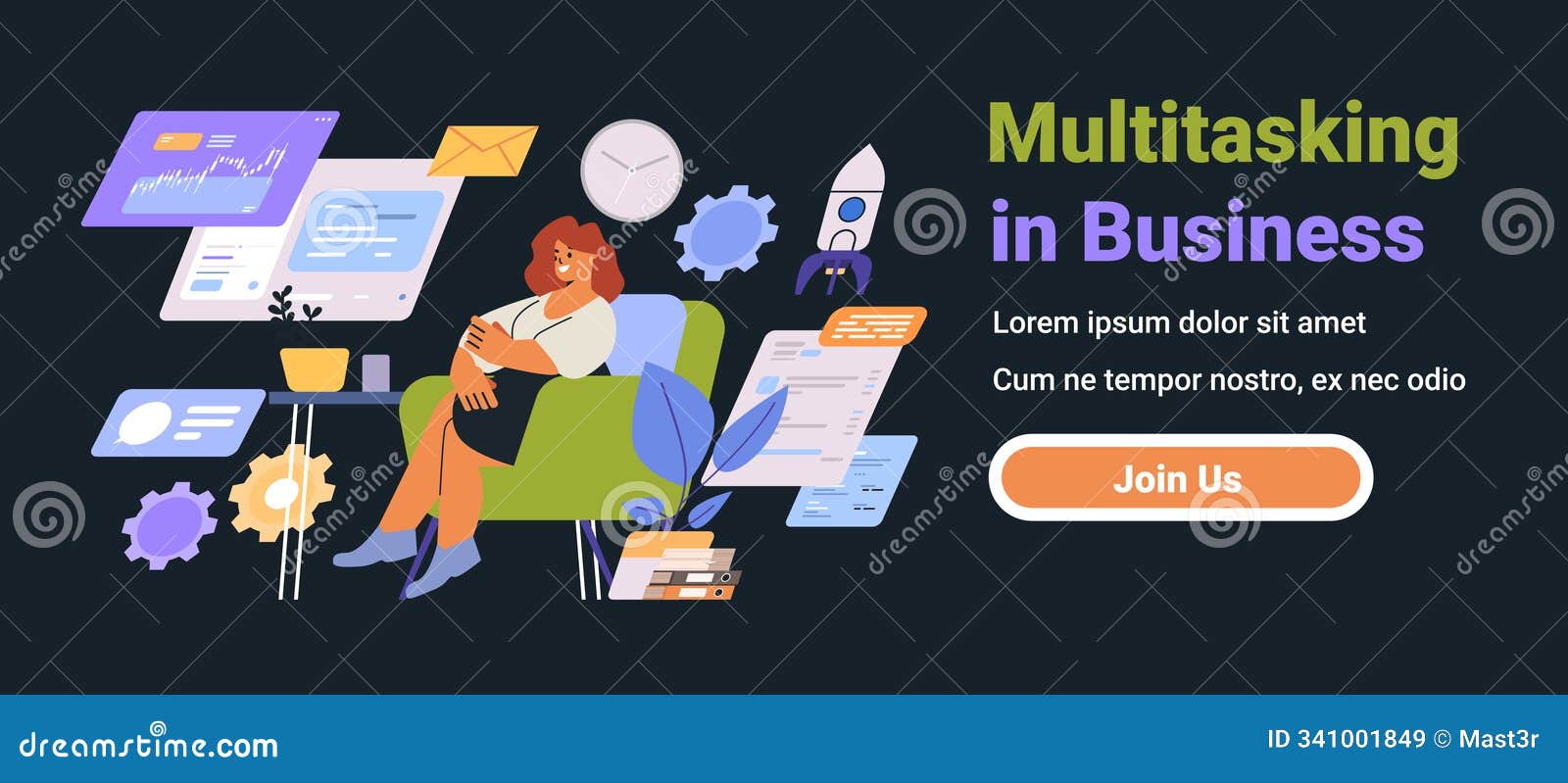 Businesswoman Multitasking with Various Digital Tools and Elements Around Her Including Charts ...