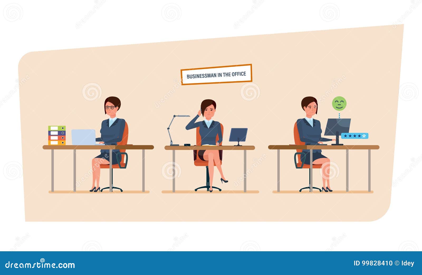 Businesswoman in Office Work Situations. Working in Office at Desk ...