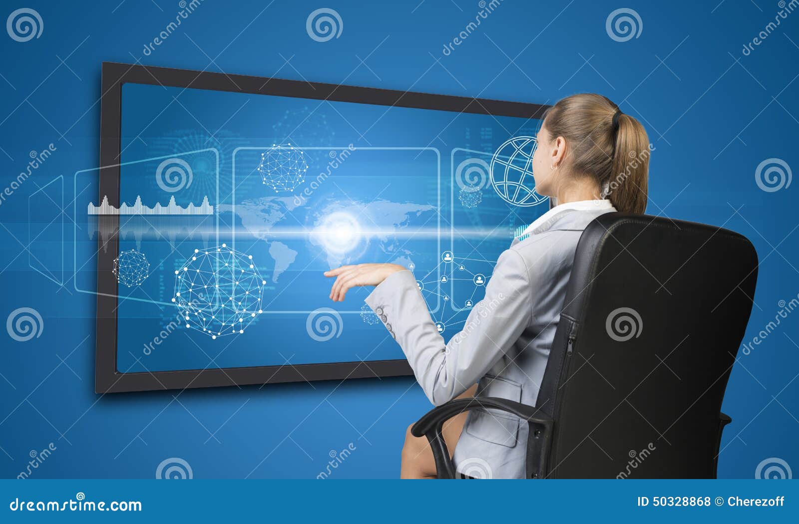 Businesswoman Operating Touch Screen Interface Stock Photo - Image of ...