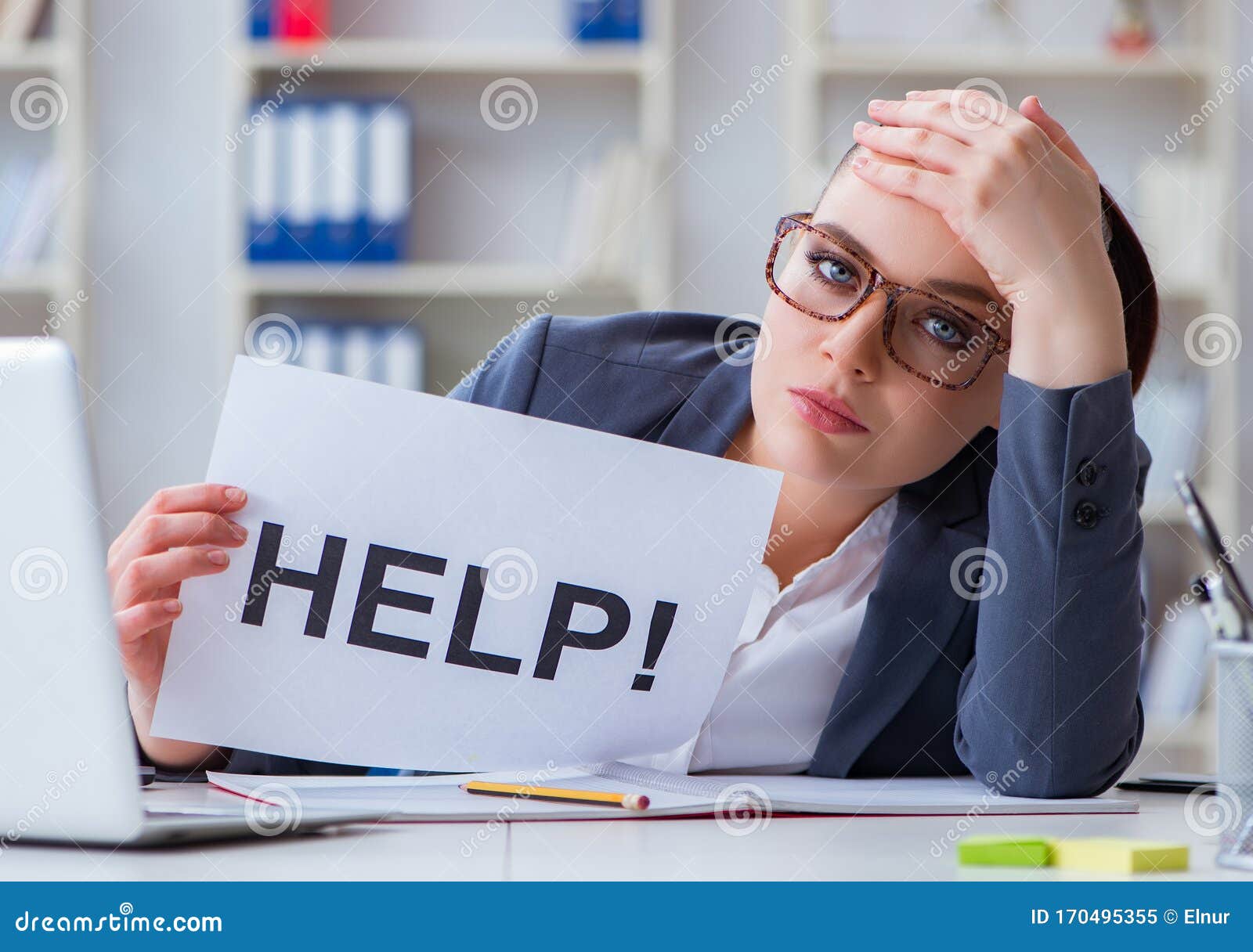 Businesswoman Pleading for Help in Office Stock Image - Image of papers ...