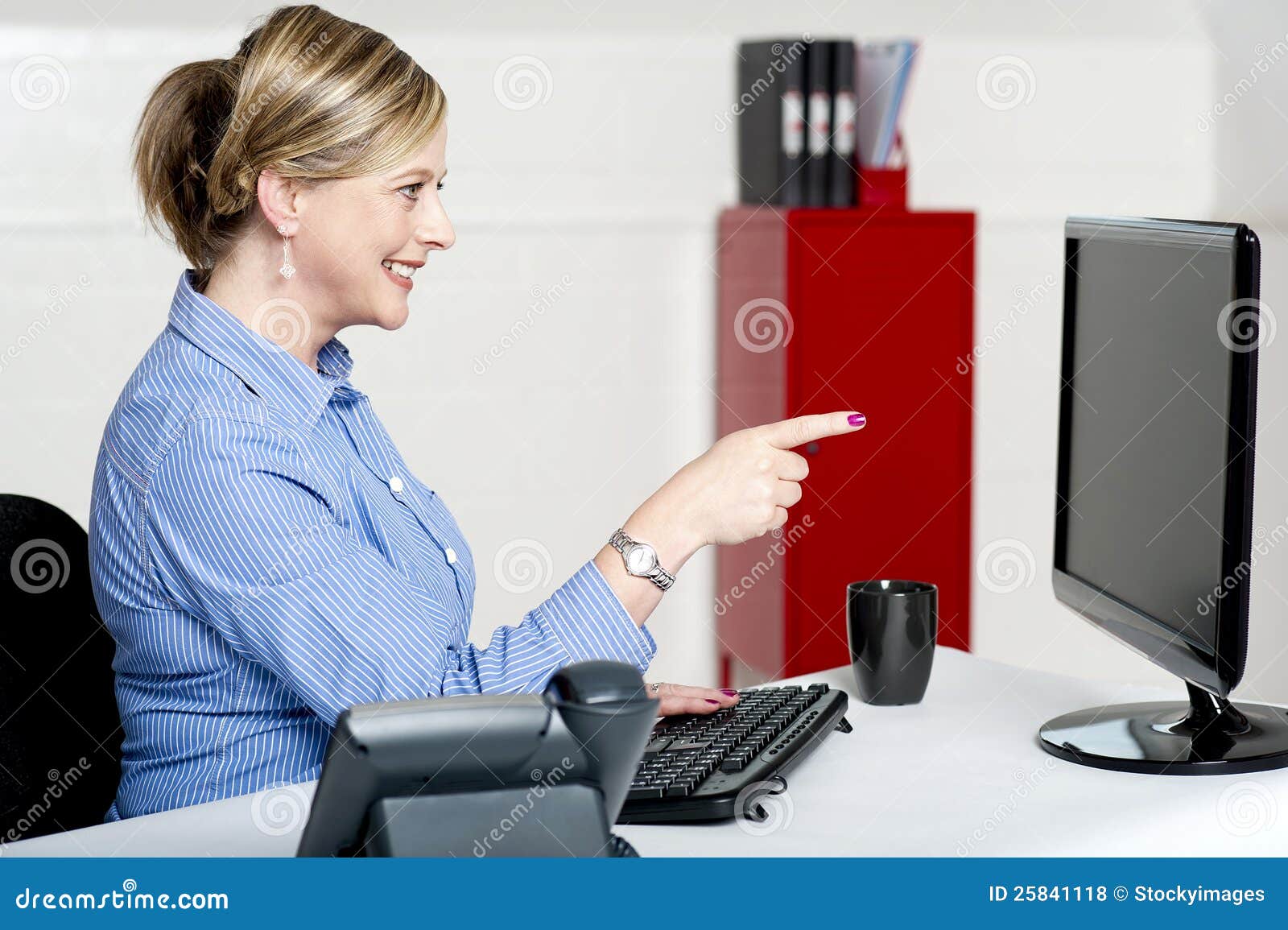 Businesswoman Pointing at Computer Screen Stock Photo - Image of aged ...