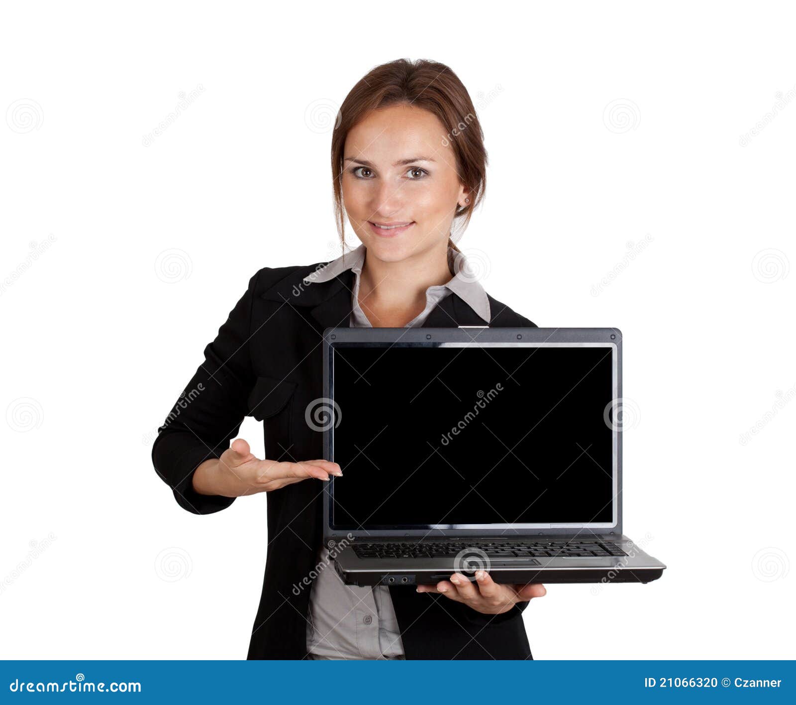 Businesswoman Pointing on Laptop Stock Photo - Image of isolated, hand ...