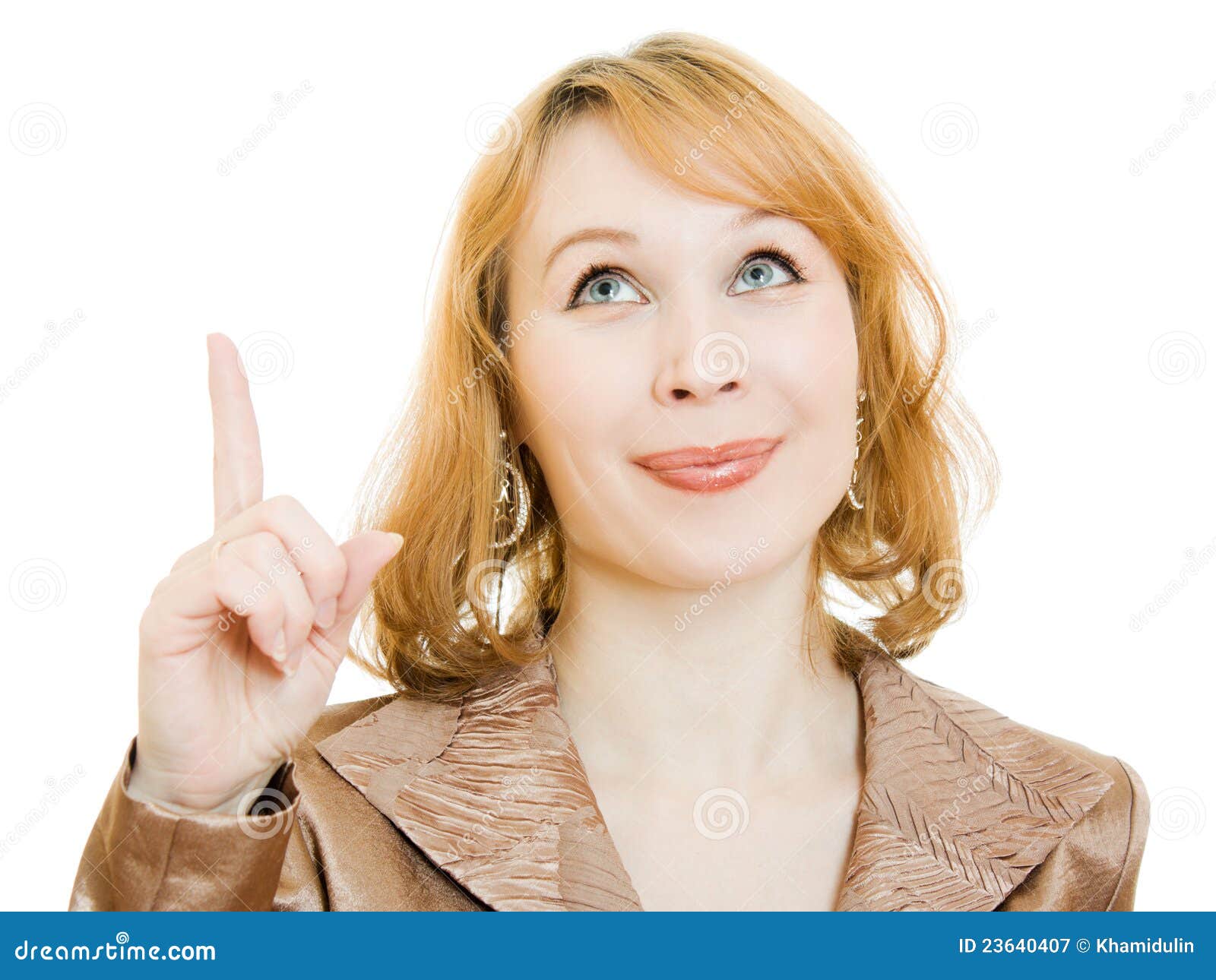 Businesswoman Points His Finger Upward. Stock Image - Image of happy ...