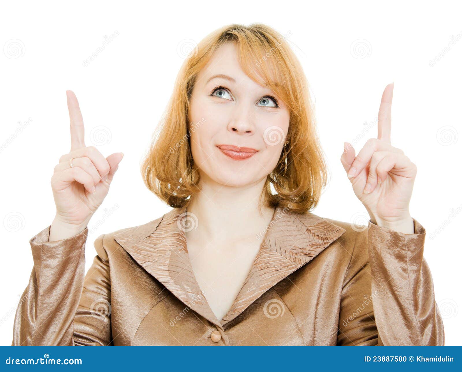 Businesswoman Points His Finger Upward. Stock Photo - Image of open ...