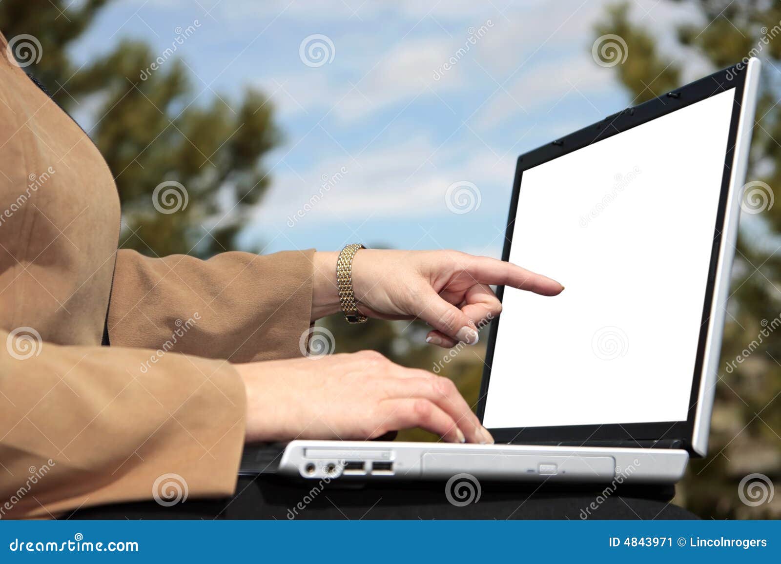 Businesswoman Points at White Laptop Screen Stock Image - Image of ...