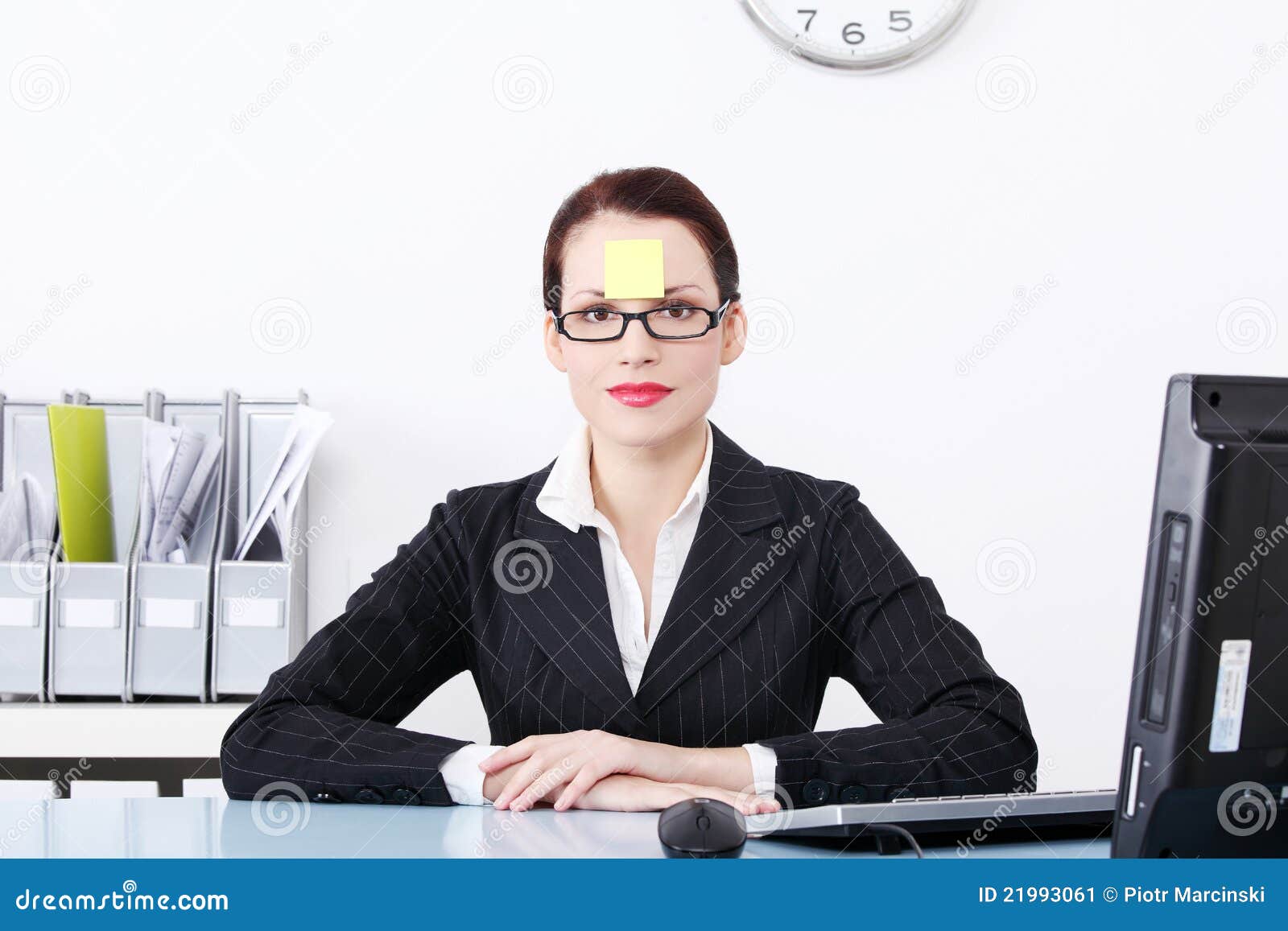 Businesswoman with Post it Note on Her Forehead. Stock Image - Image of ...