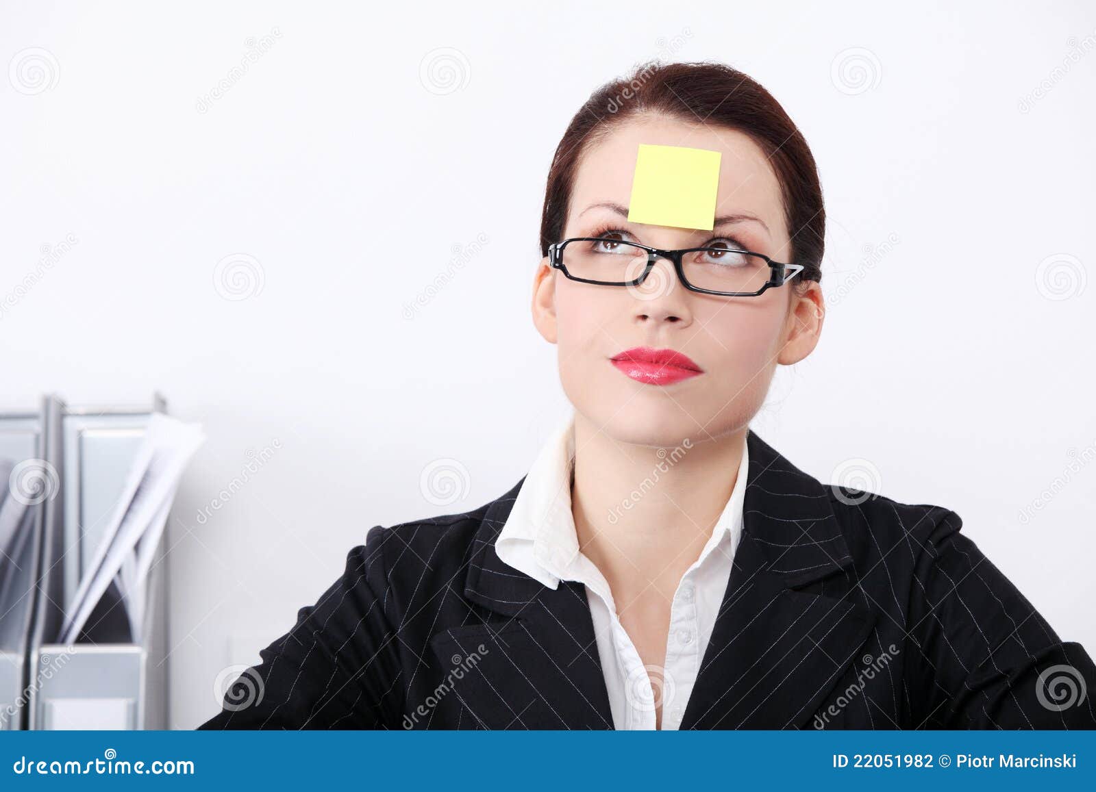 Businesswoman with Post it Note on Her Forehead. Stock Photo - Image of ...