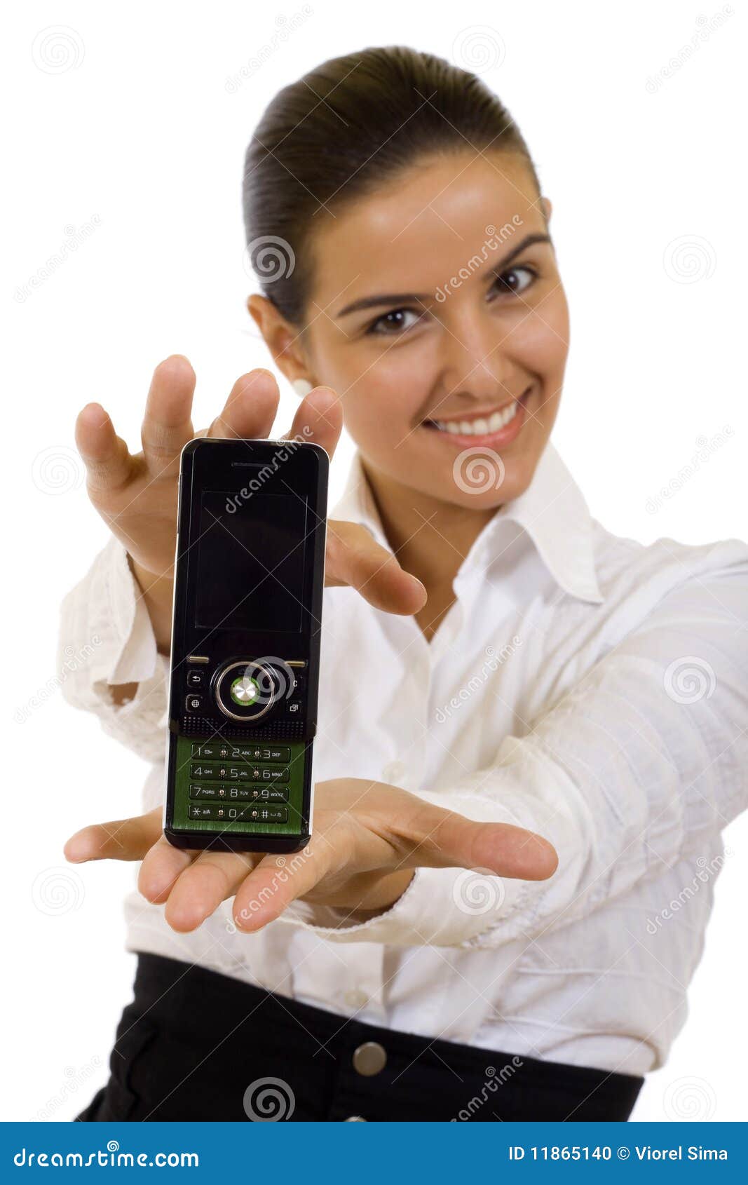 Businesswoman Presenting a Mobile Phone Stock Photo - Image of ...
