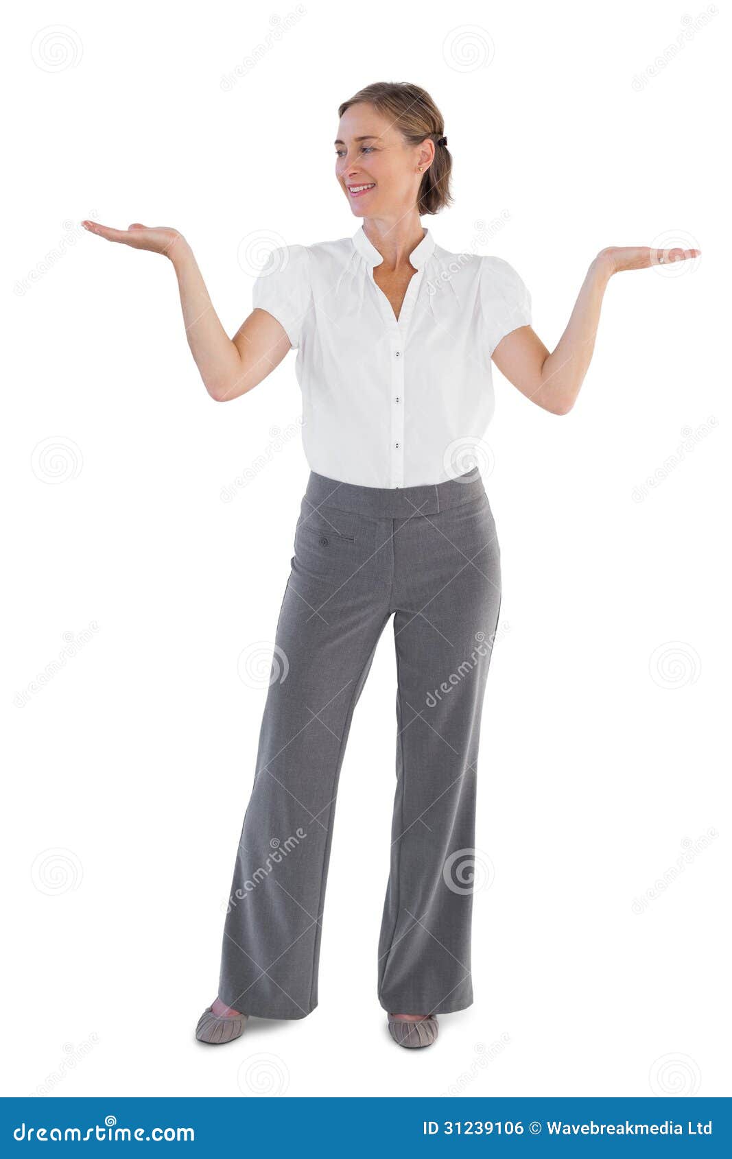 Businesswoman Presenting Something with Her Two Hands Raised Stock ...