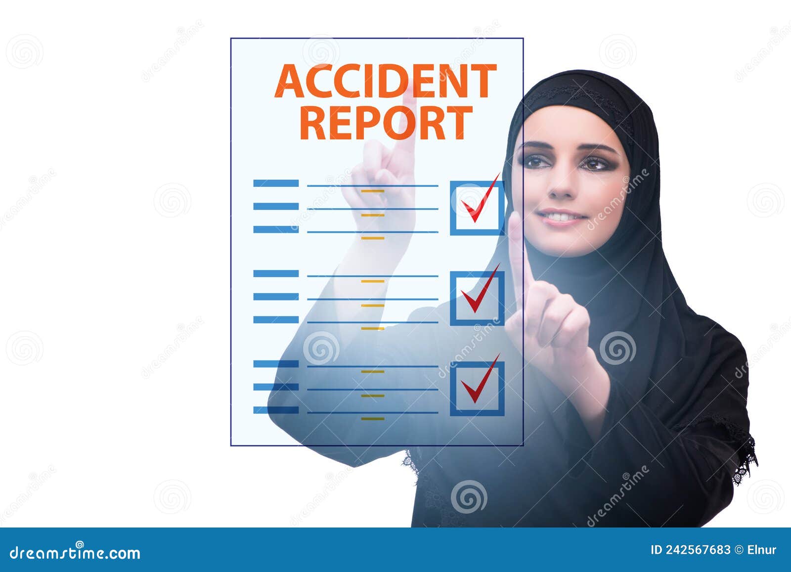 Businesswoman Pressing Buttons on Virtual Accident Report Stock Image ...