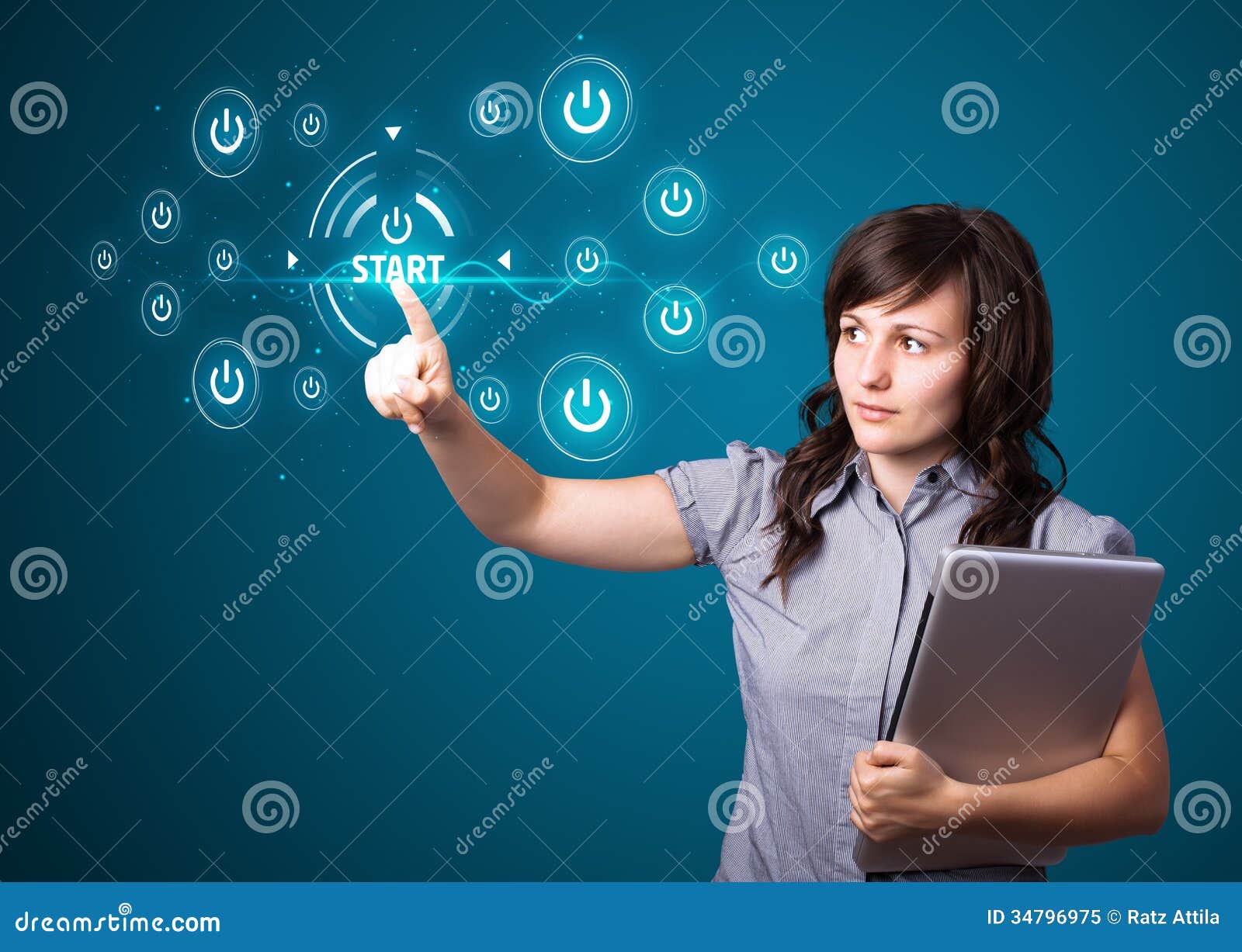 Businesswoman Pressing Simple Type of Start Buttons Stock Image - Image ...